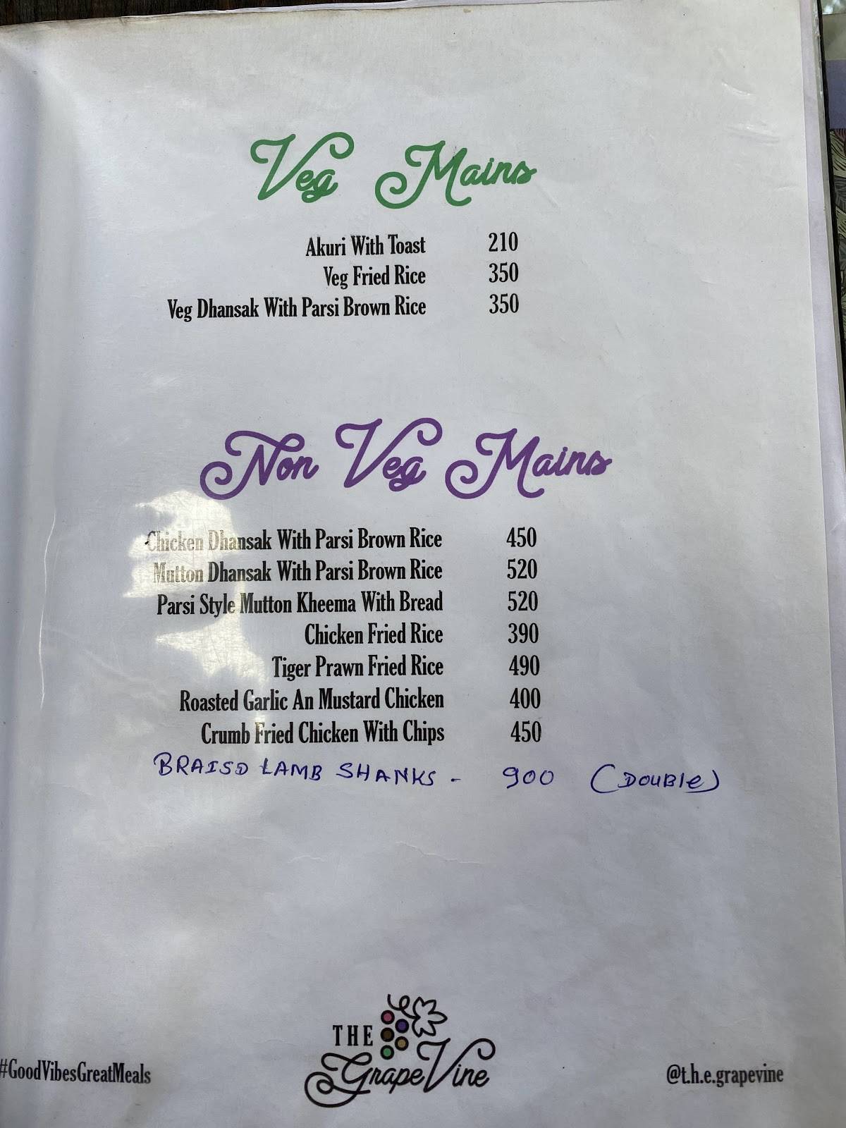 Menu at The Grapevine Restaurant, Mahabaleshwar