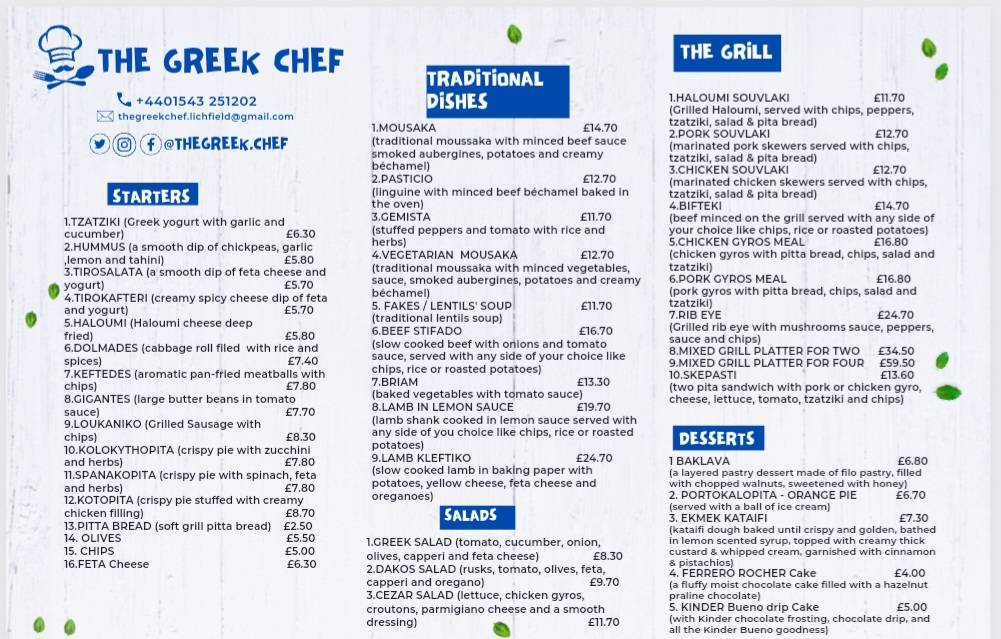 Menu at The Greek Chef restaurant, Lichfield