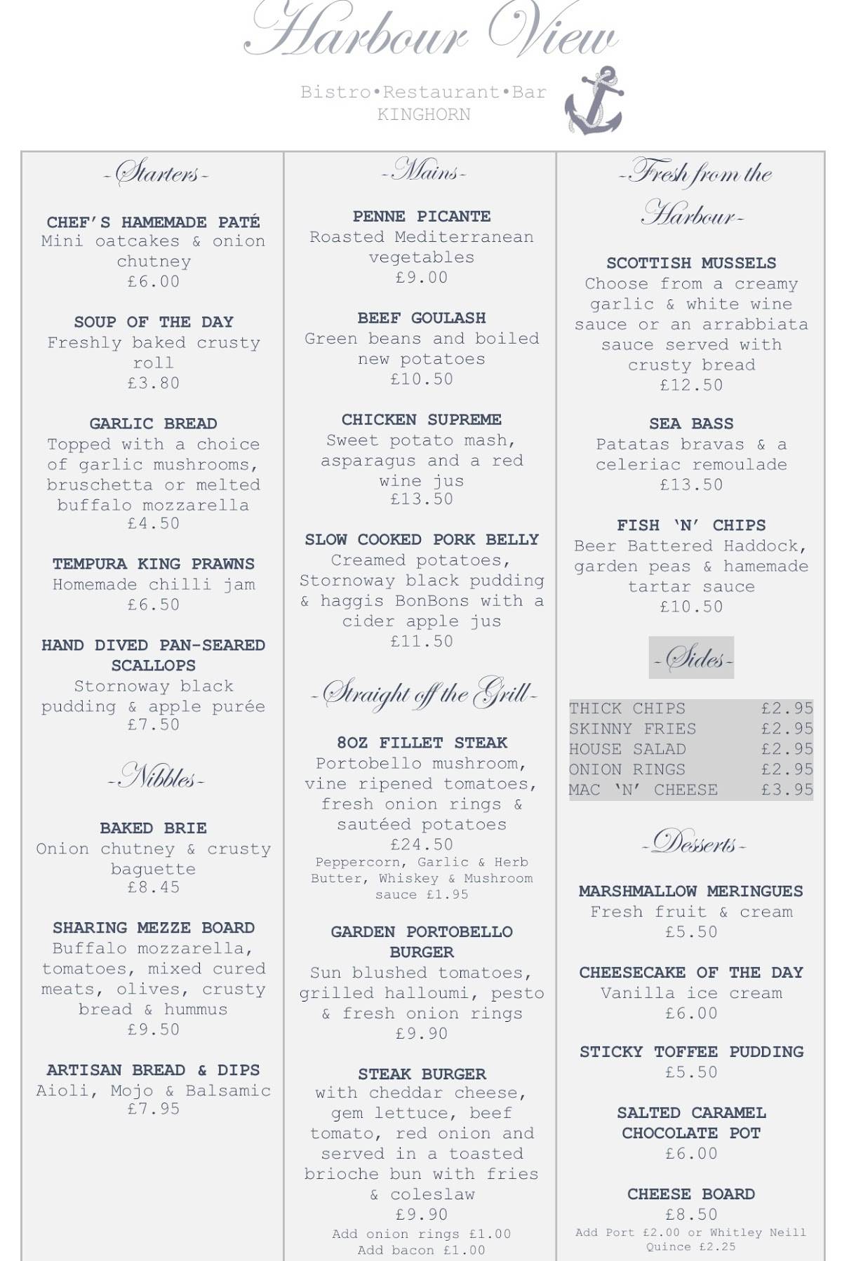 Menu at The Harbour View Kinghorn Ltd restaurant, Kinghorn