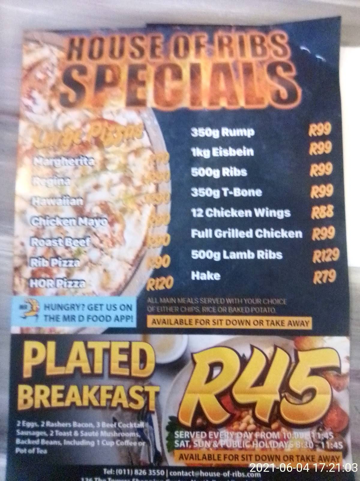 Menu at The House Of Ribs Boksburg restaurant, Boksburg, The Towers Centre