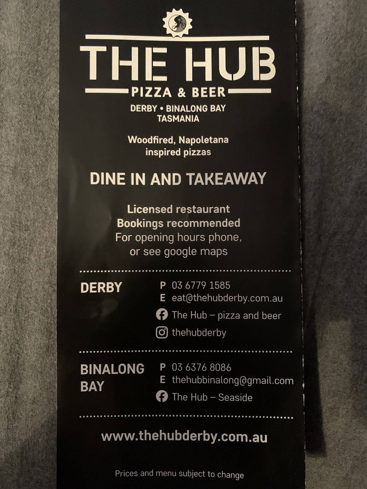 Menu at The Hub - Seaside restaurant, Binalong Bay