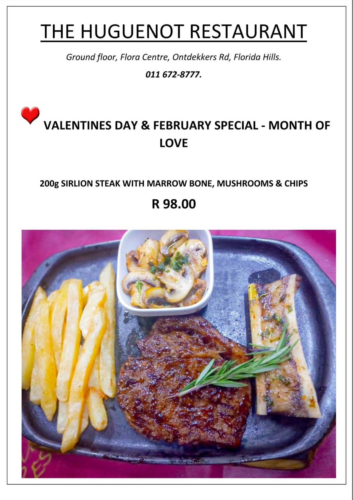 Menu at The Huguenot Restaurant, Roodepoort, Ground Flora Centre