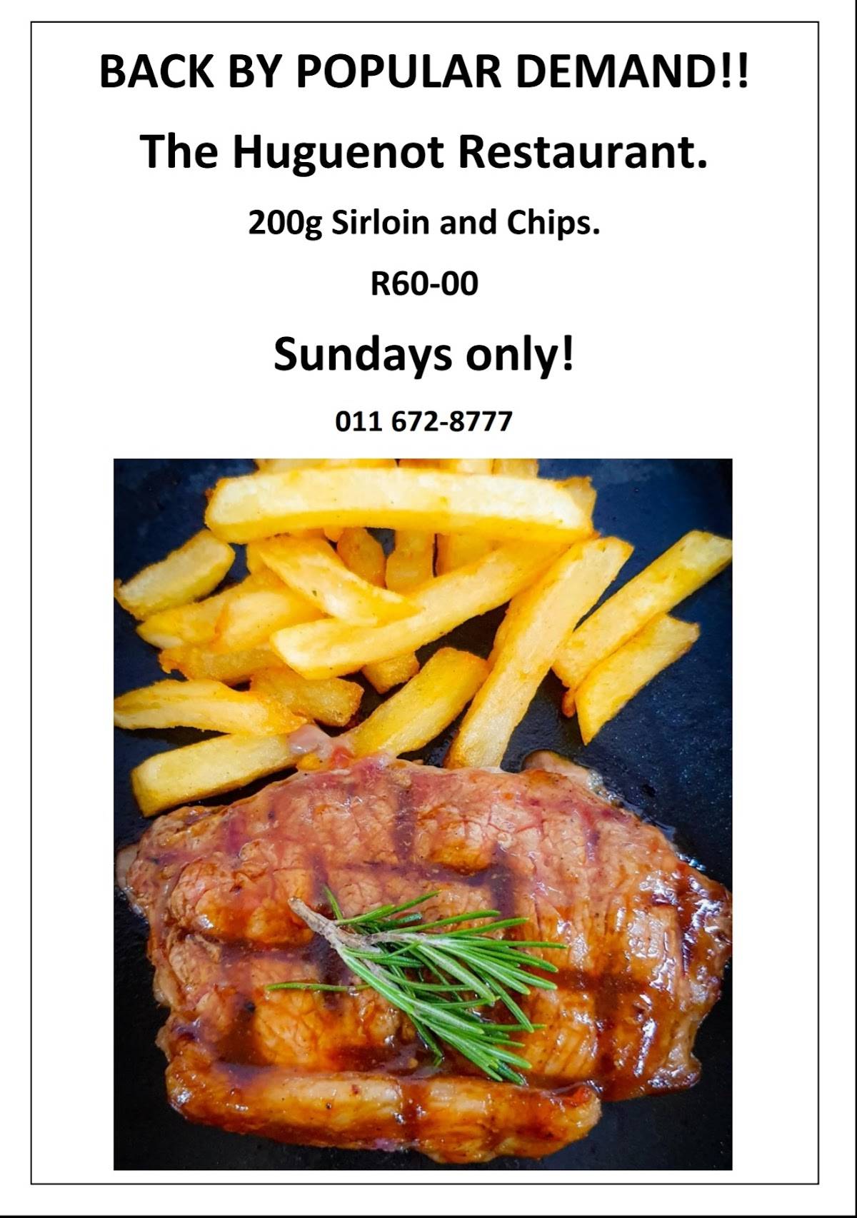 Menu at The Huguenot Restaurant, Roodepoort