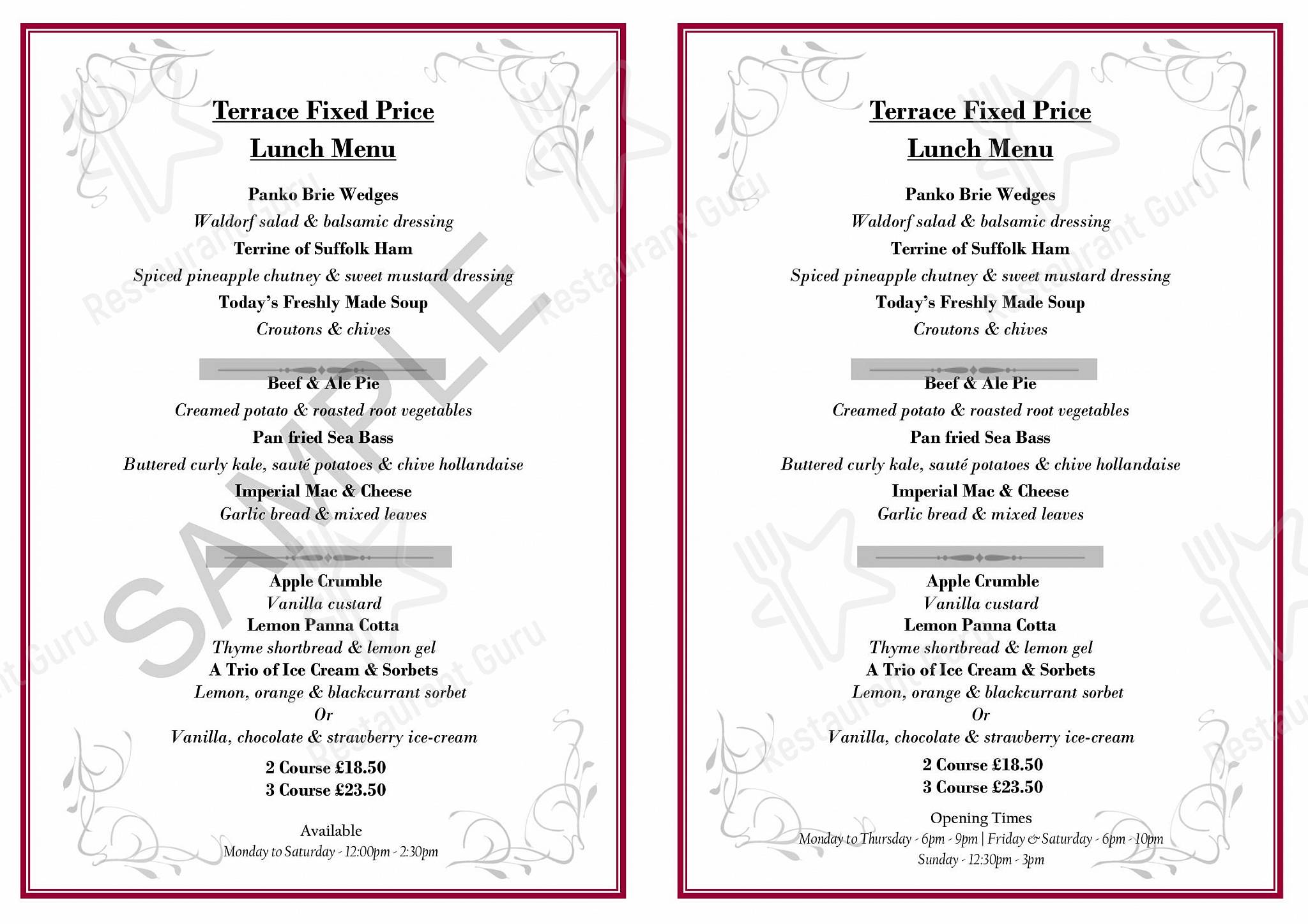 Menu at Imperial Hotel restaurant, Great Yarmouth