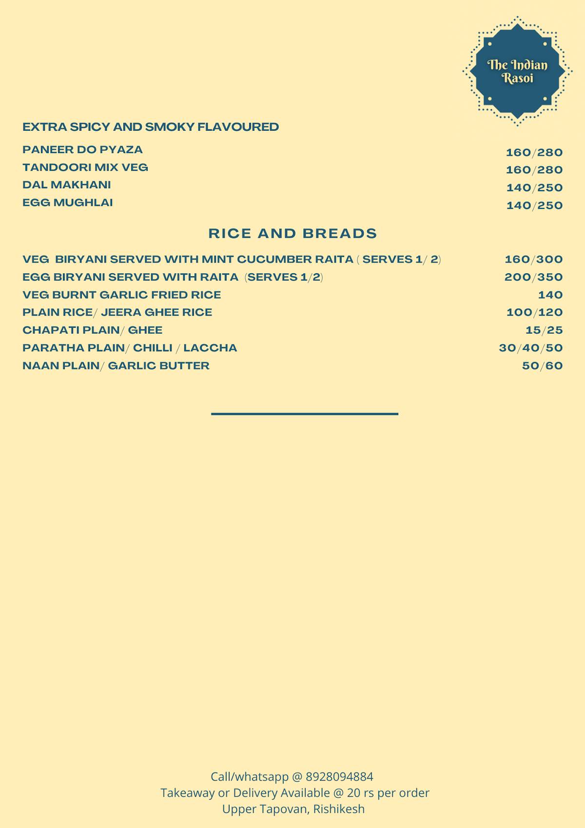 Menu at The Indian Rasoi, Rishikesh