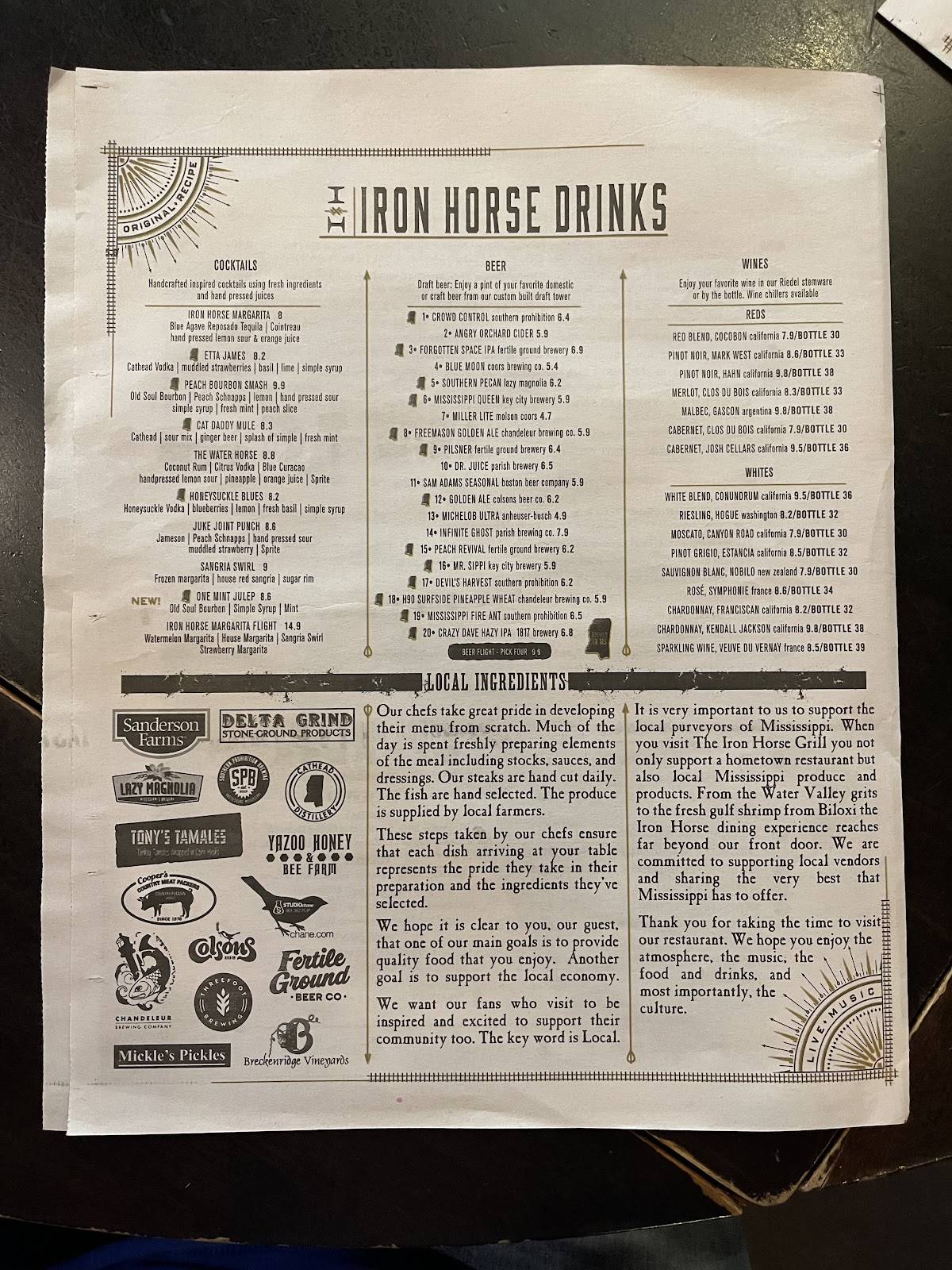 Menu at The Iron Horse Grill restaurant, Jackson