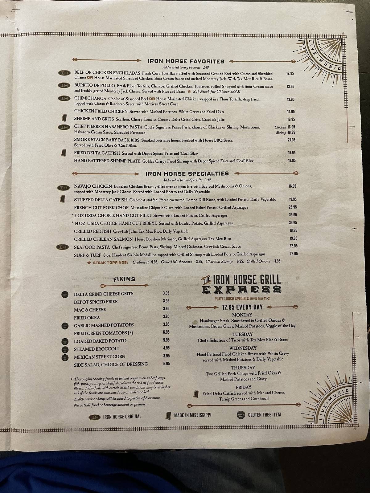 Menu at The Iron Horse Grill restaurant, Jackson
