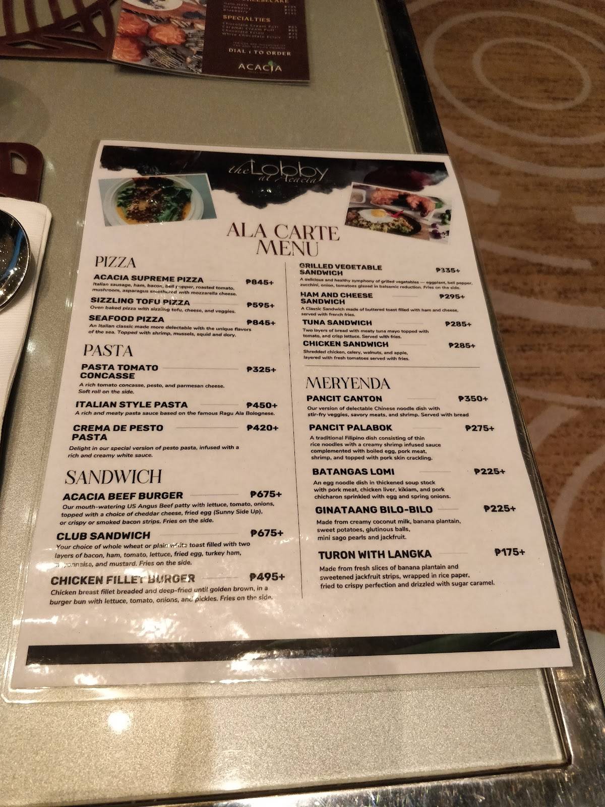 Menu at The Lobby at Acacia restaurant, Muntinlupa