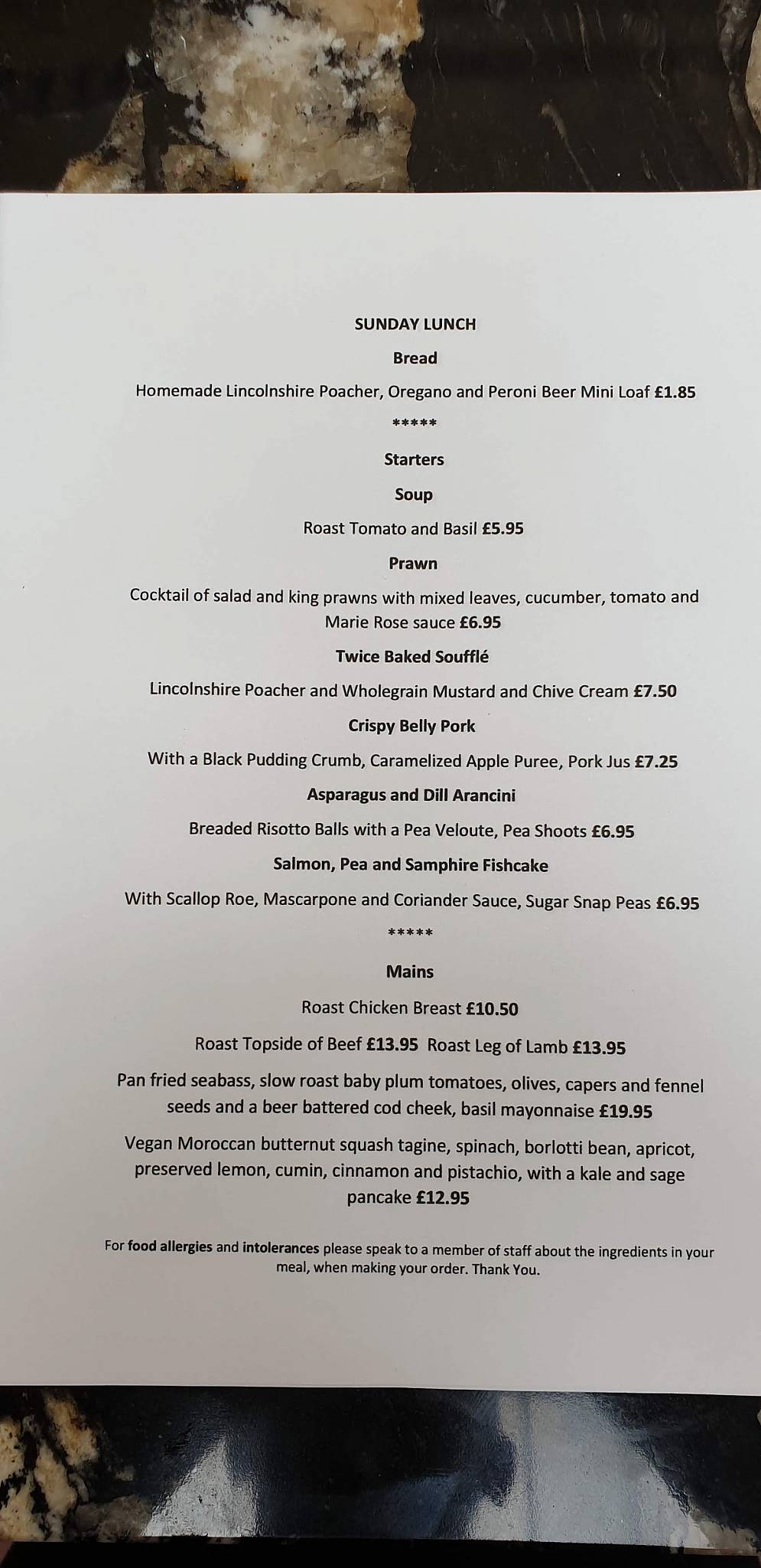 Menu at The Mansion House restaurant, Louth