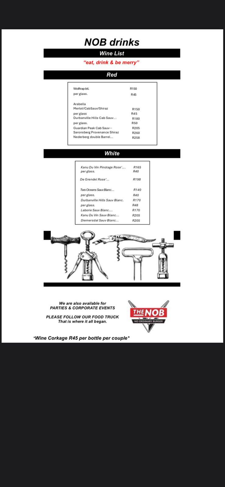 Menu at The NOB restaurant, South Africa