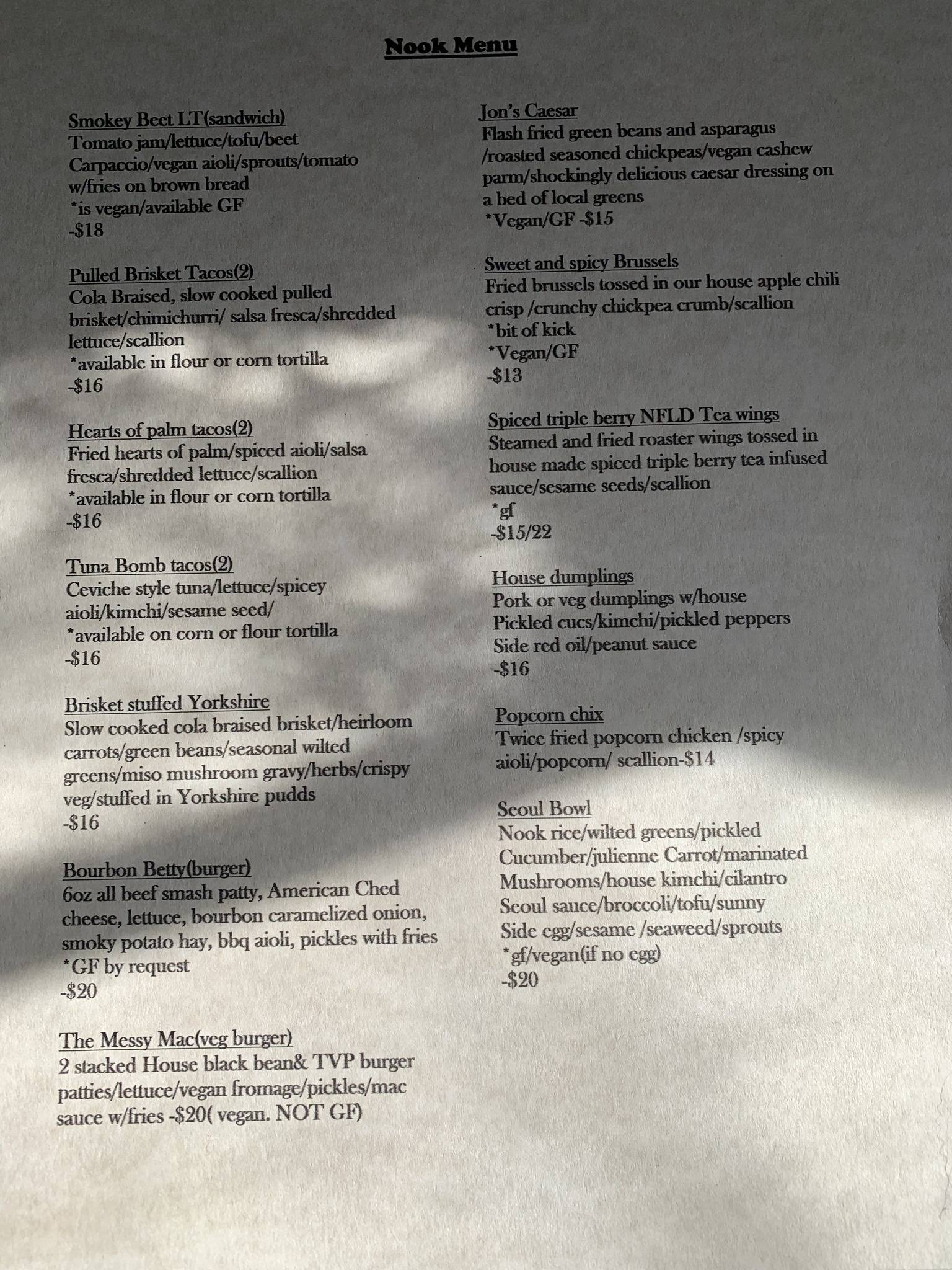 Menu at The Nook and Cannery restaurant, St. John's