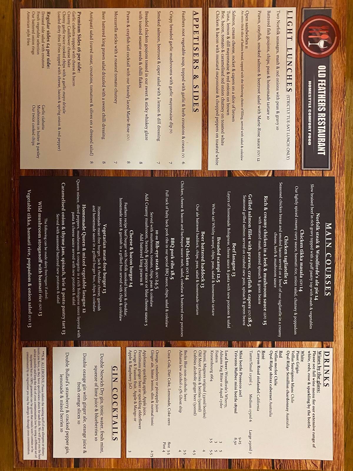 Menu at The Old Feathers restaurant, Norwich