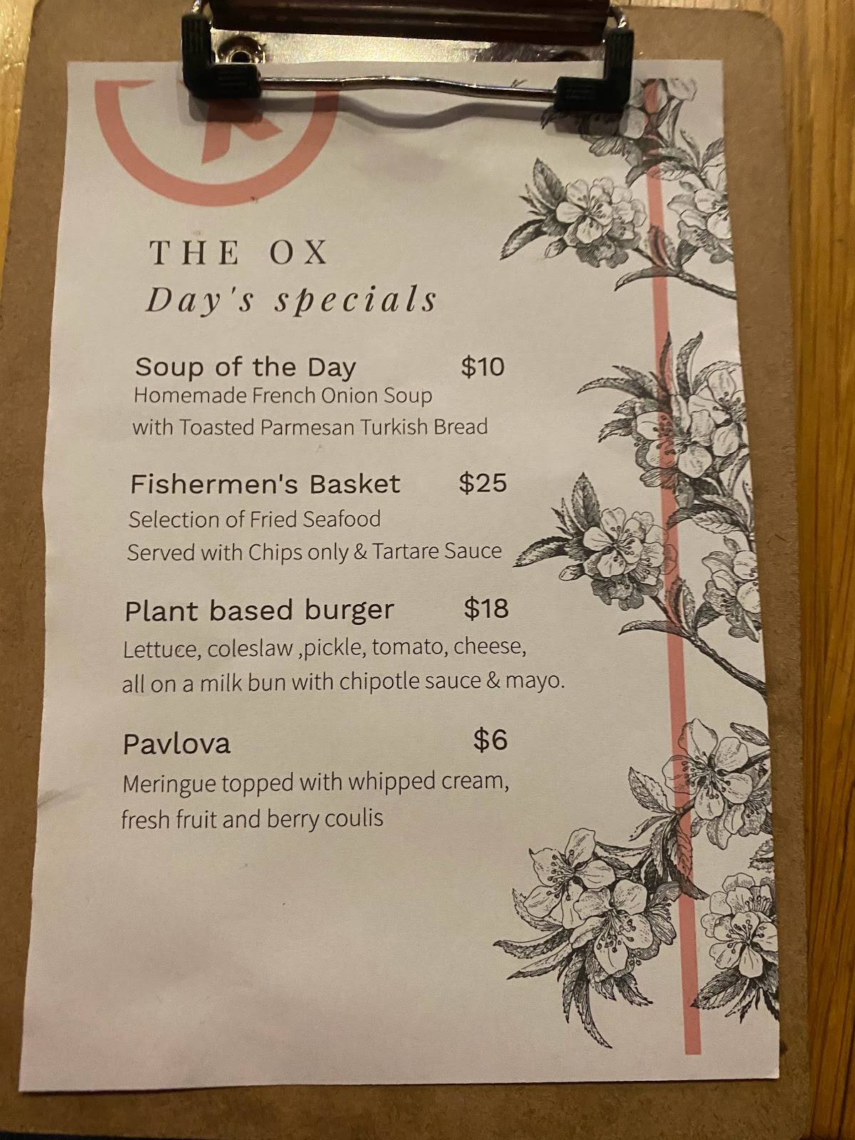 Menu at The Ox restaurant, Oxley