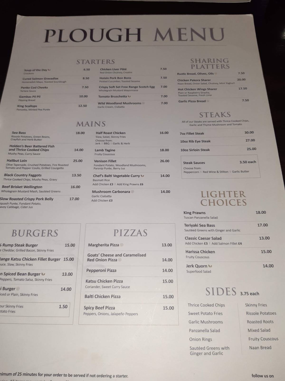 Menu at The Plough at Shenstone restaurant, Lichfield, 2 Pinfold Hill