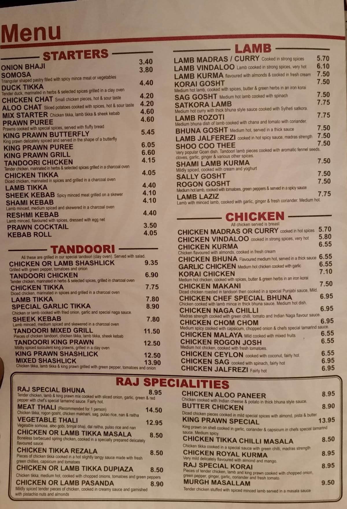 Menu at The Raj of India restaurant, Hornchurch
