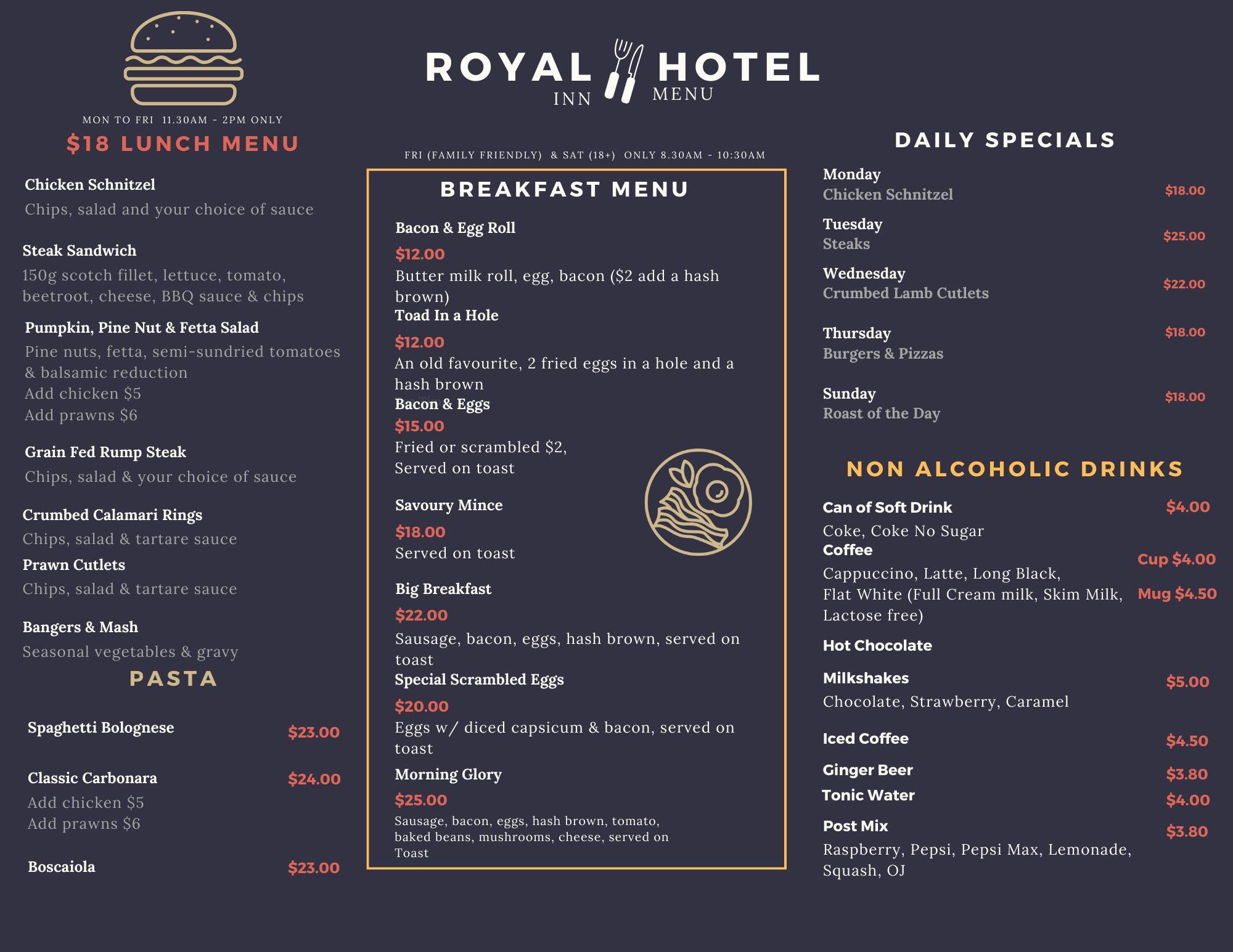 Menu at The Royal Inn pub & bar, Waratah