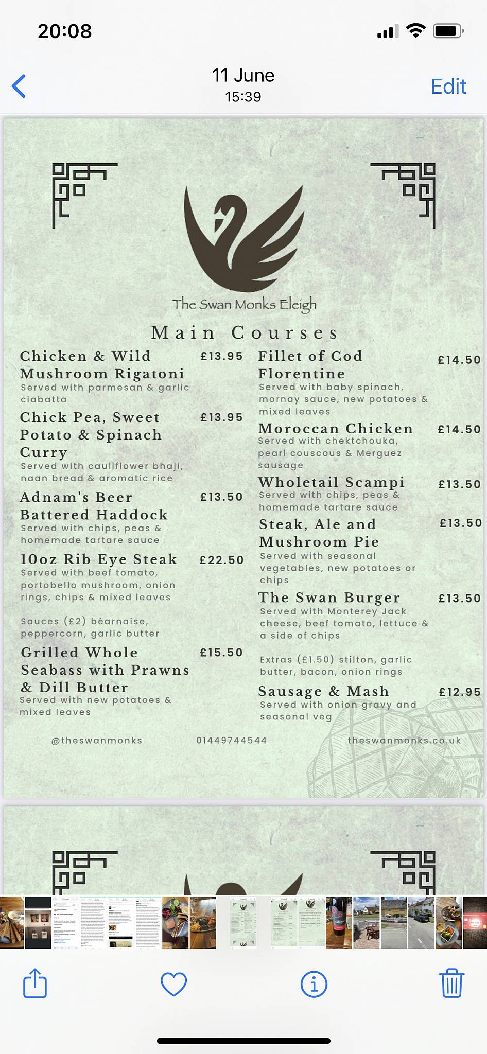 Menu at The Swan restaurant, Monks Eleigh