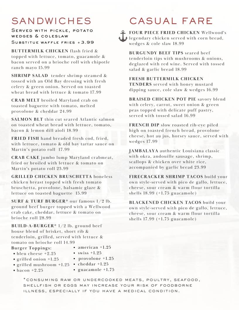 Menu at The Wellwood Restaurant, Charlestown, 523 Water St