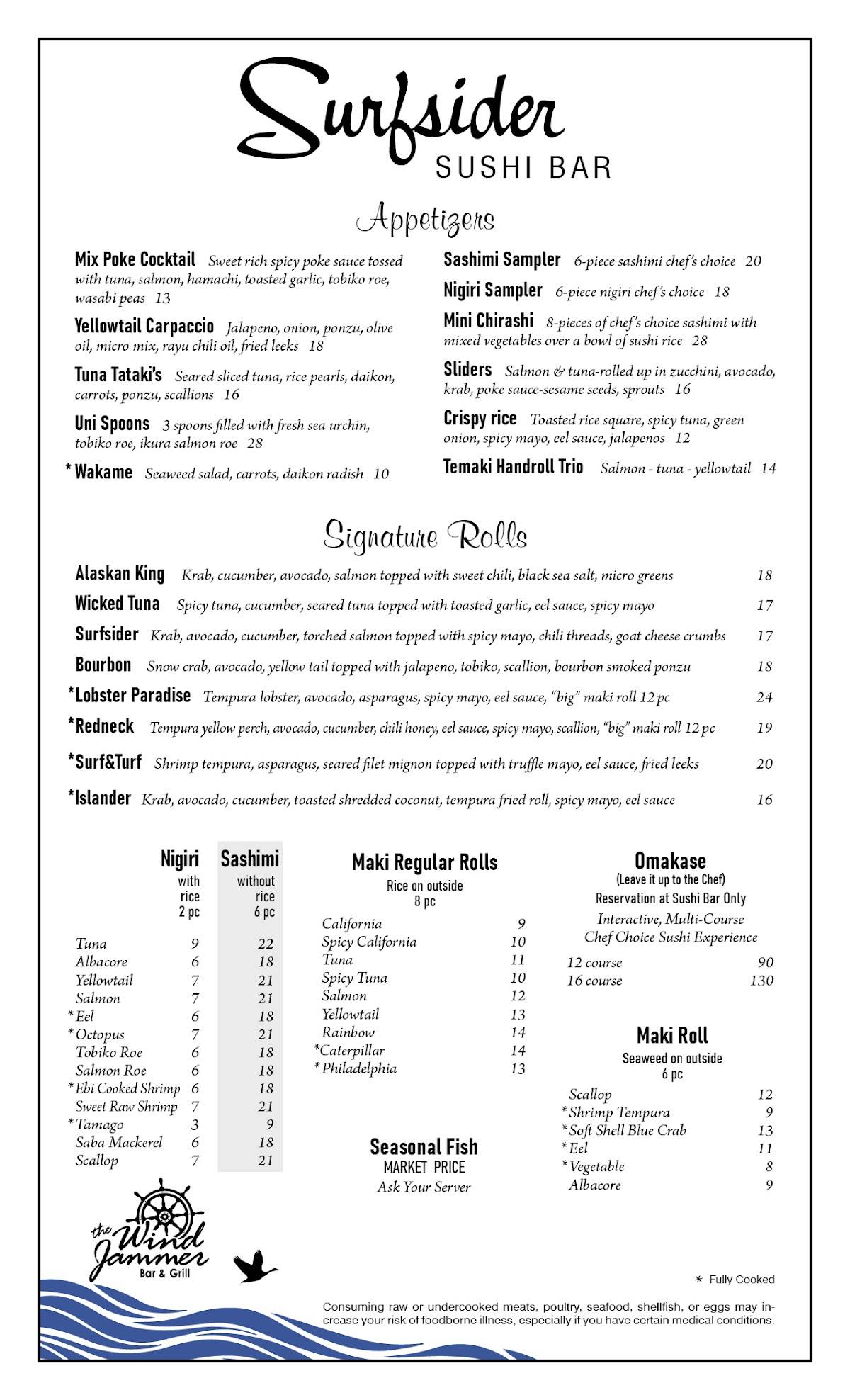 Menu at The Windjammer Bar and Grill, Lexington