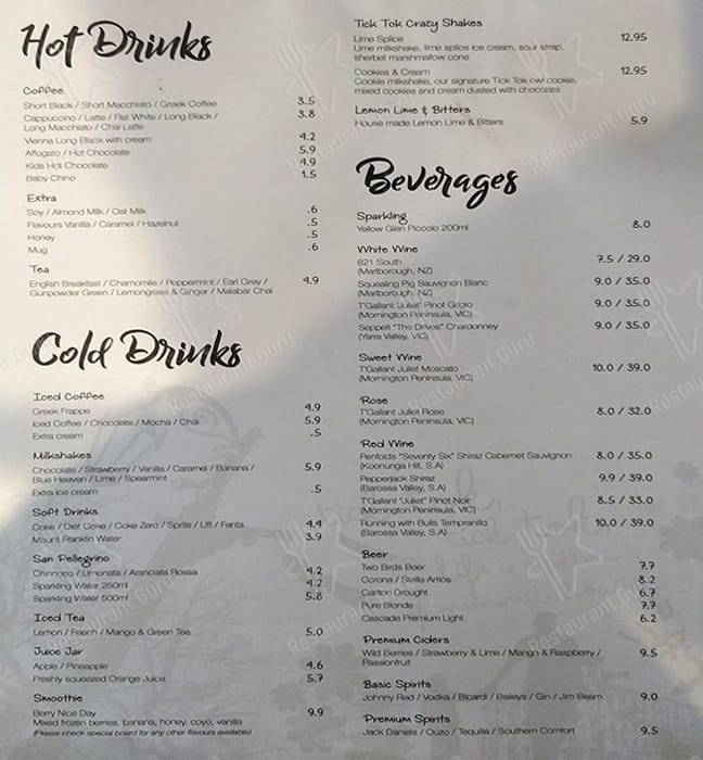 Menu at Tick Tok restaurant, Williamstown