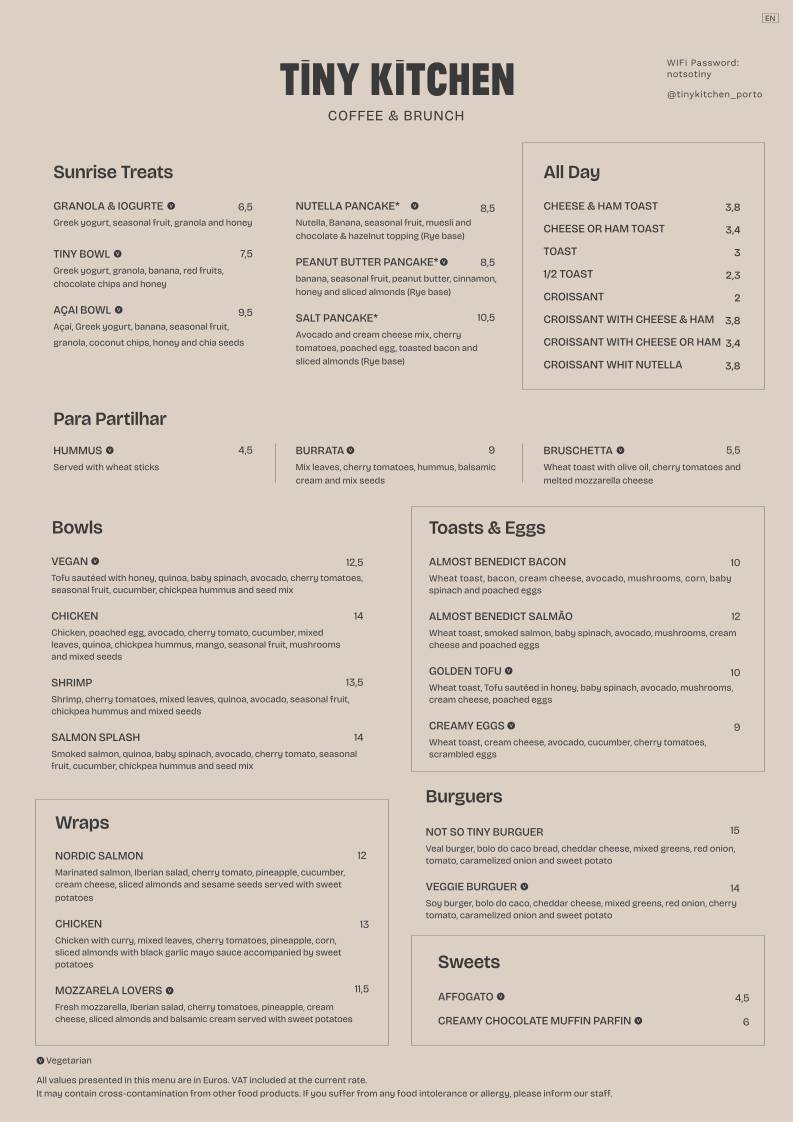 Menu at Tiny Kitchen restaurant, Porto