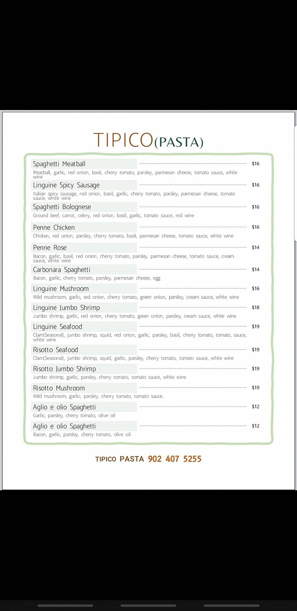 Menu at Tipico pasta & Korean food restaurant, Halifax