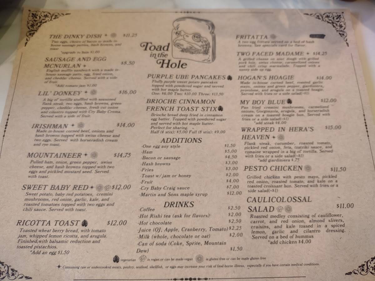 Menu at Toad in the Hole restaurant, Eagle River