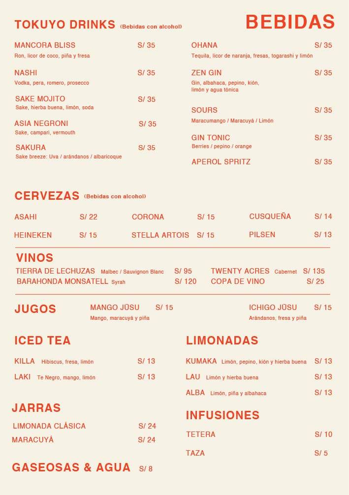 Menu at Tokuyo Lima restaurant, Miraflores