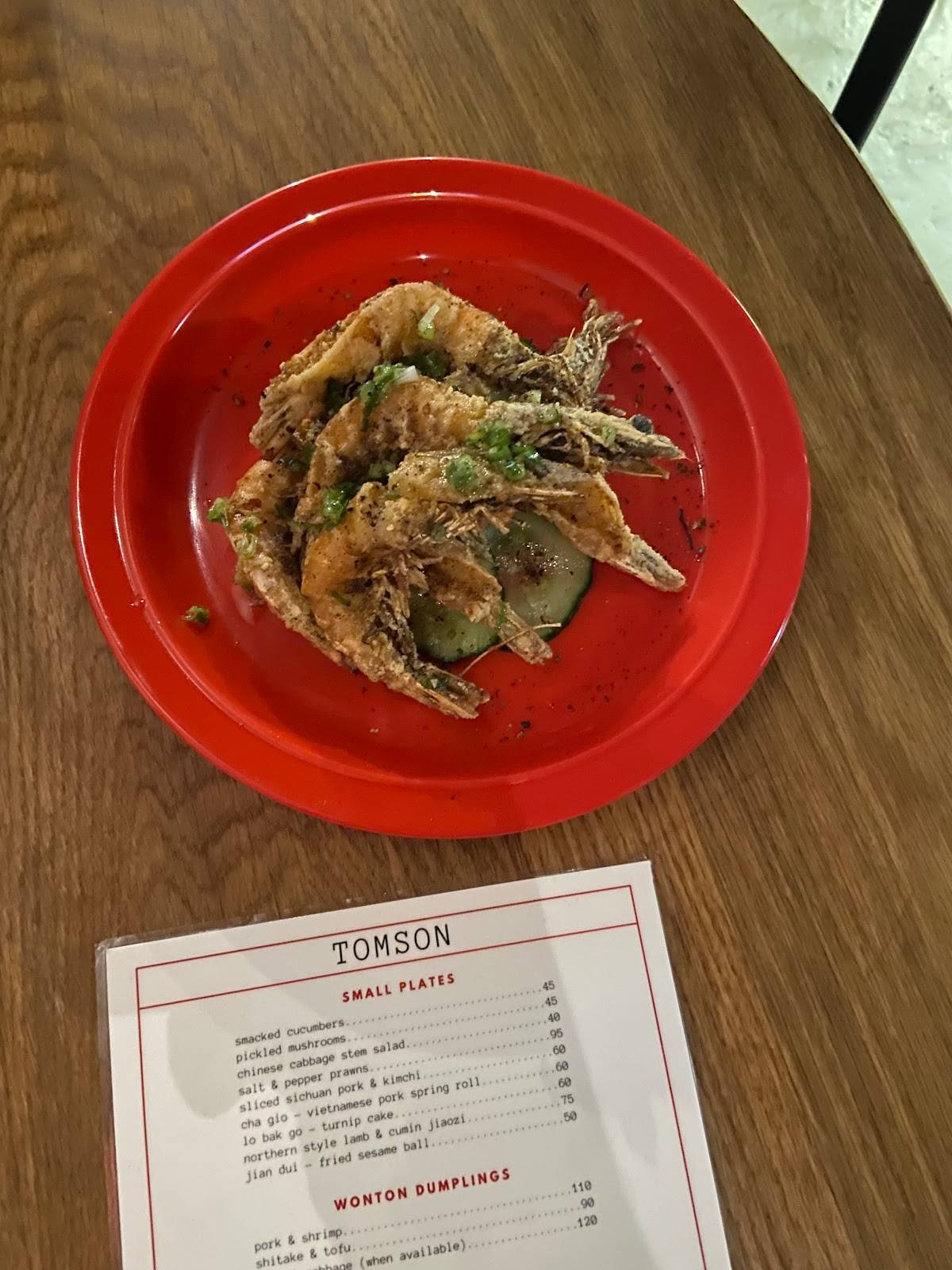 Menu at Tomson restaurant, Cape Town