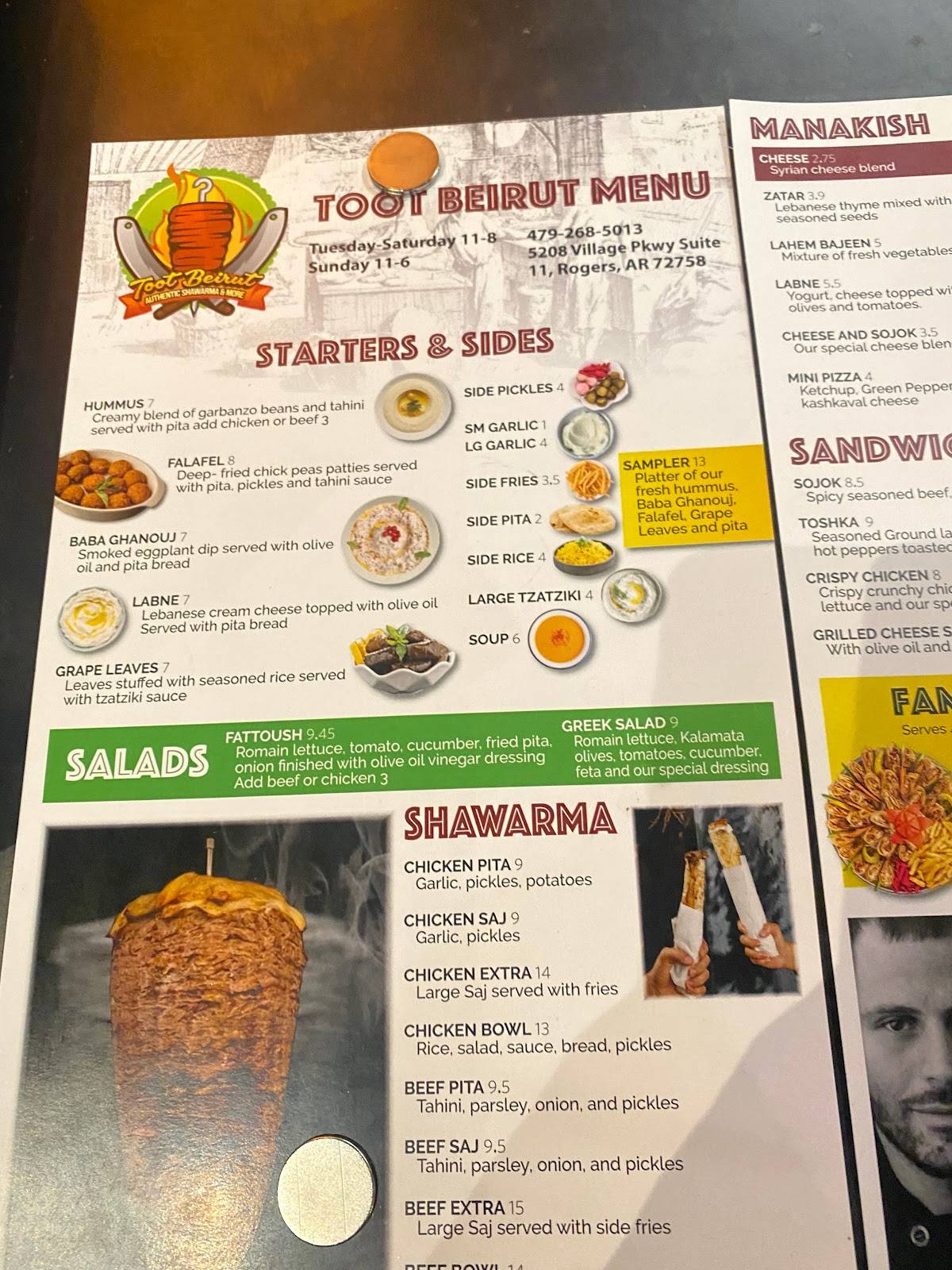 Menu at Toot Beirut Shawarma & More restaurant, Rogers