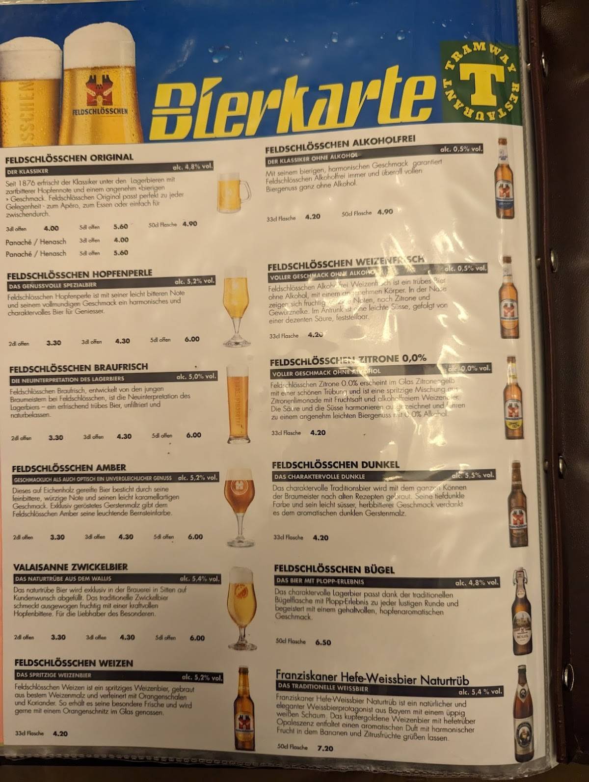 Menu at Restaurant Tramway, Bern