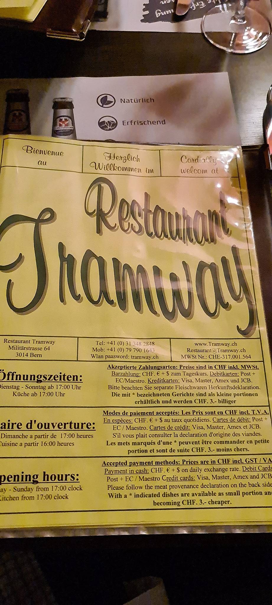 Menu at Restaurant Tramway, Bern