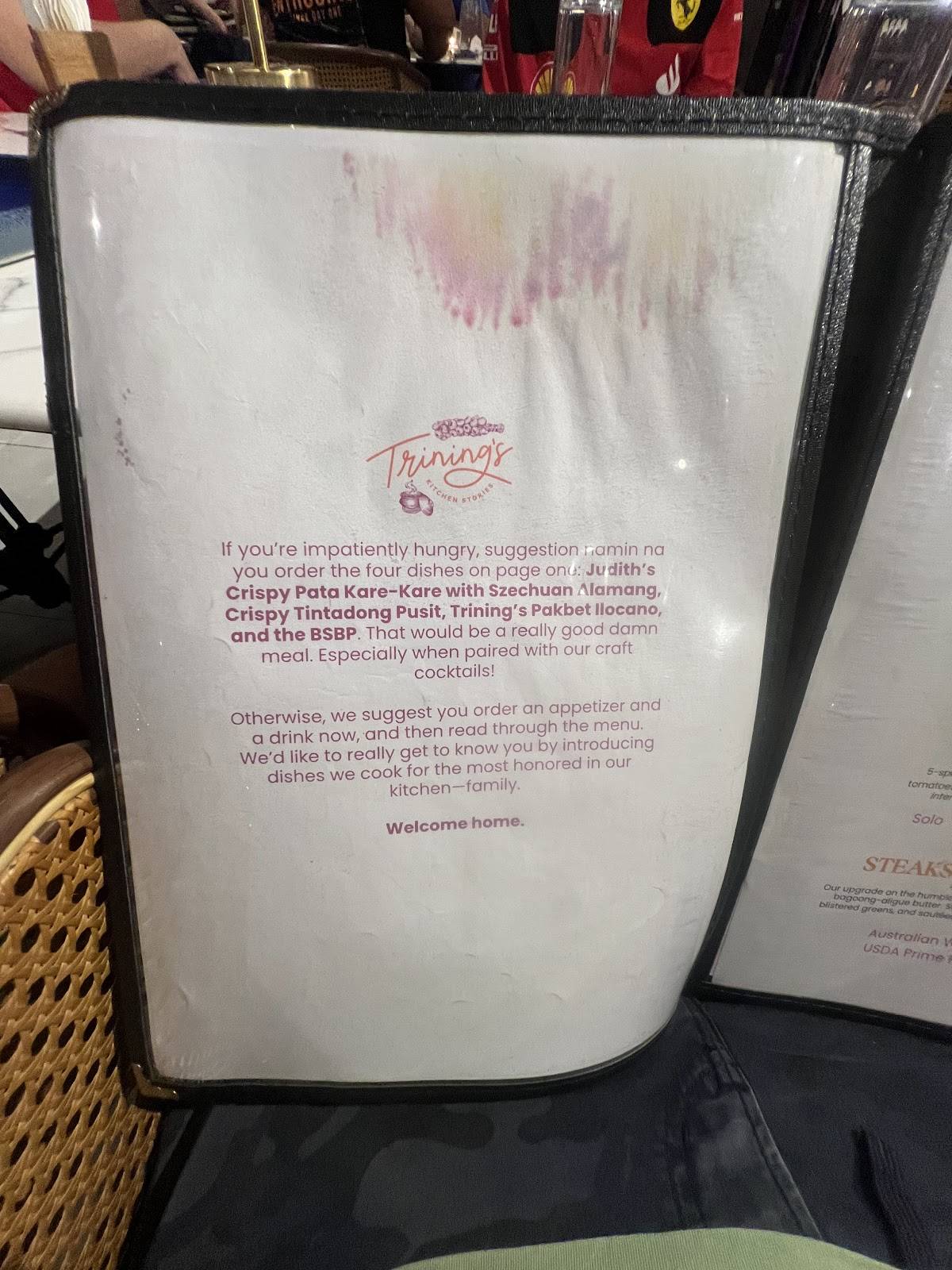 Menu at Trining’s Kitchen Stories restaurant, Marikina