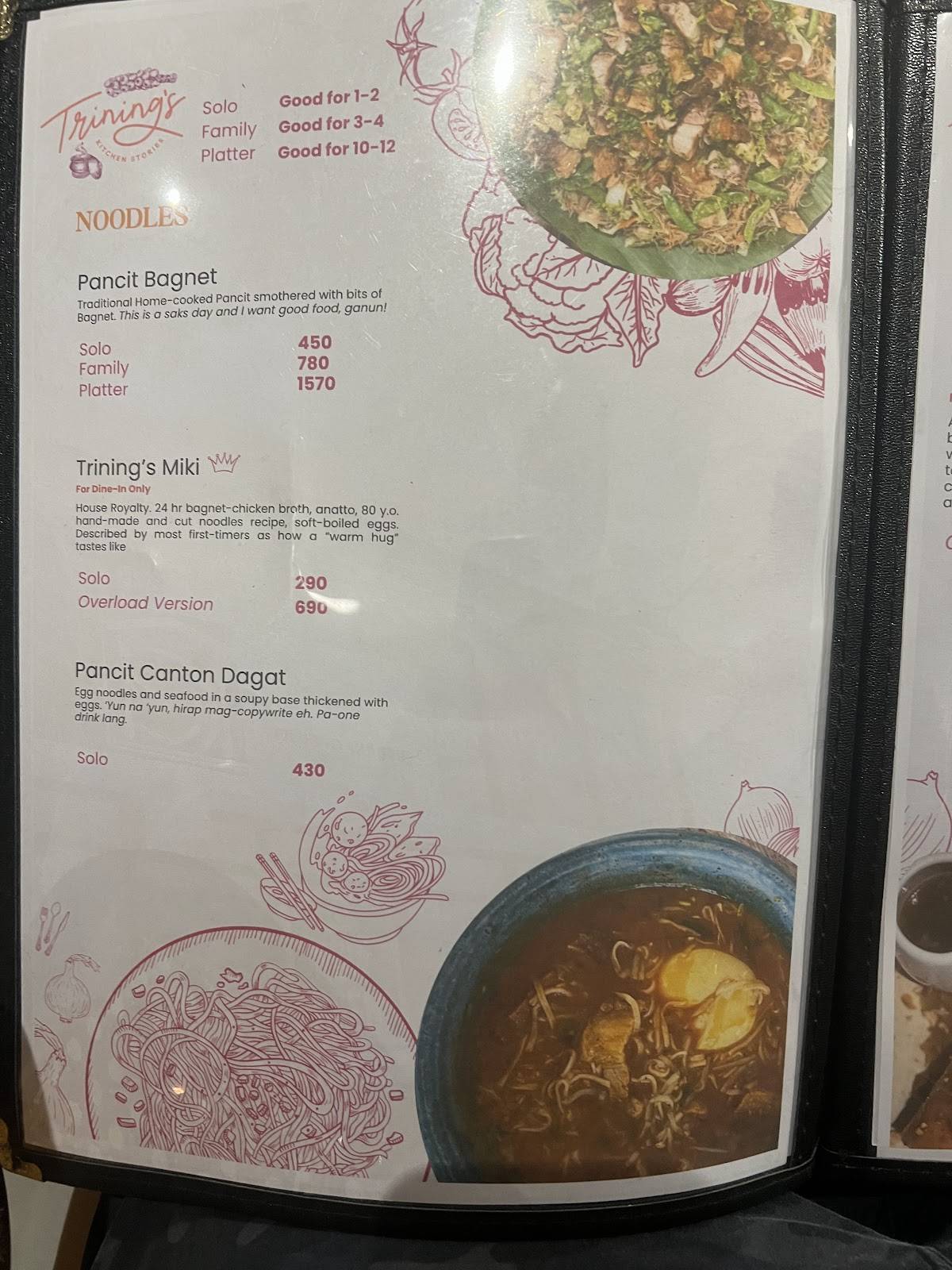 Menu at Trining’s Kitchen Stories restaurant, Marikina