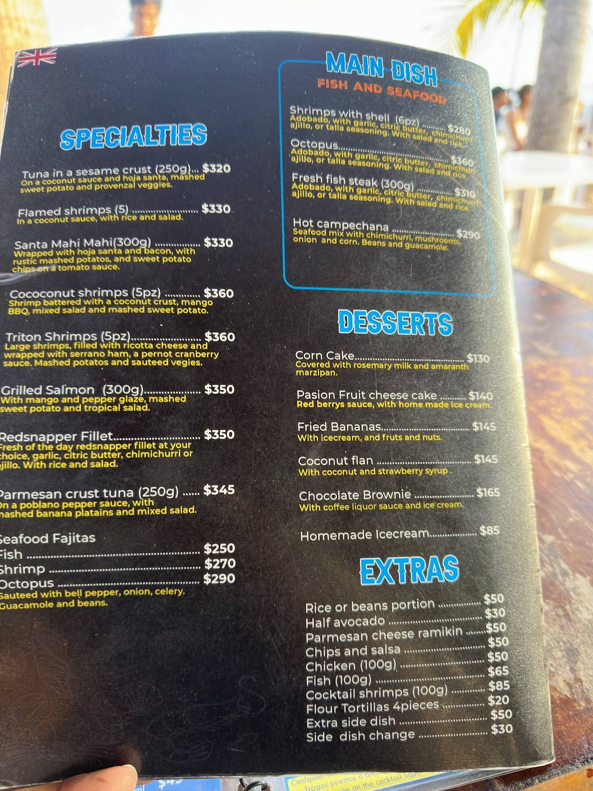 Menu at Tritón restaurant, Zihuatanejo