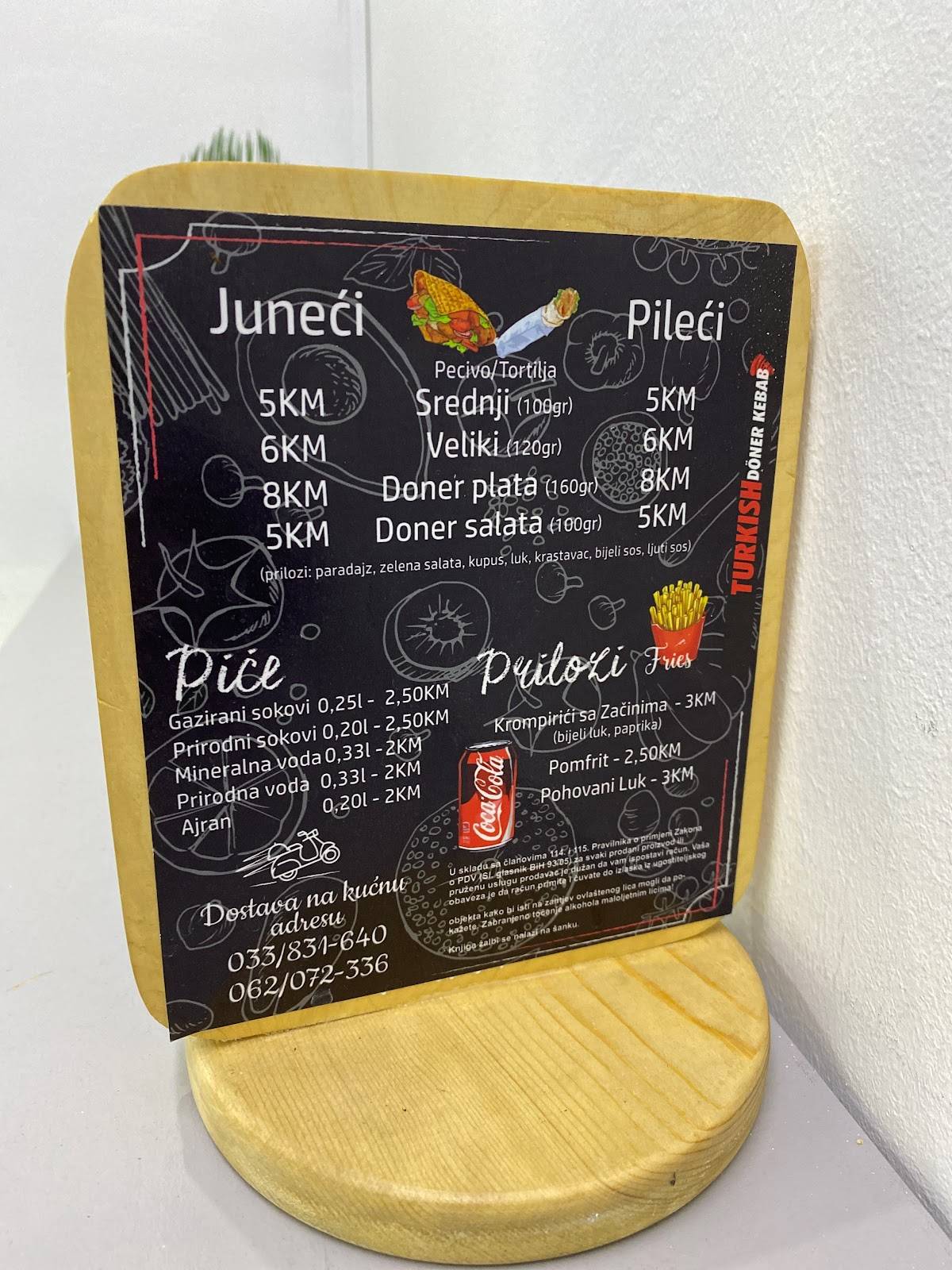 Menu at Turkish Doner Kebab restaurant, Sarajevo