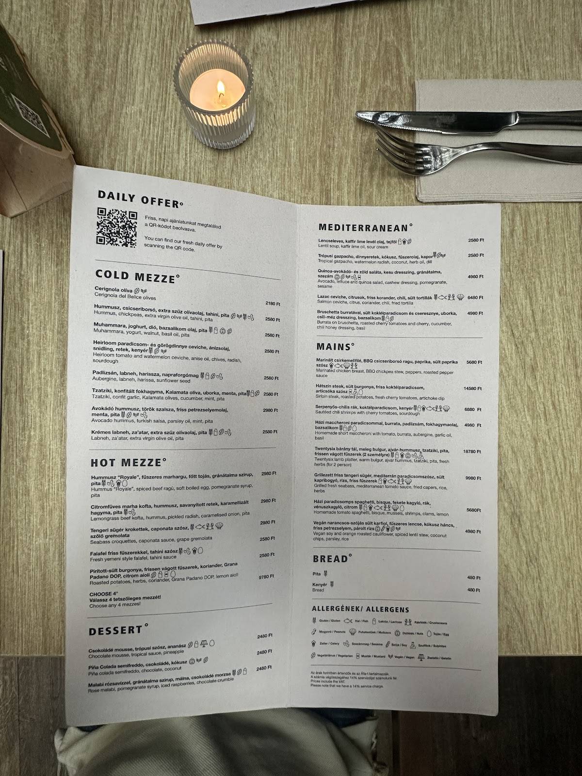 Menu at Twentysix Budapest Restaurant, Budapest