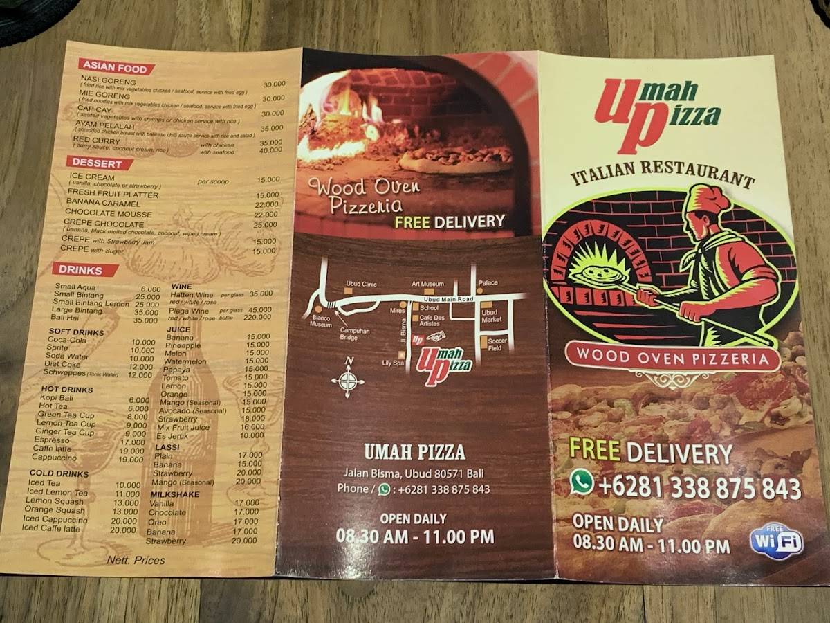Menu at Umah Pizza restaurant, Ubud