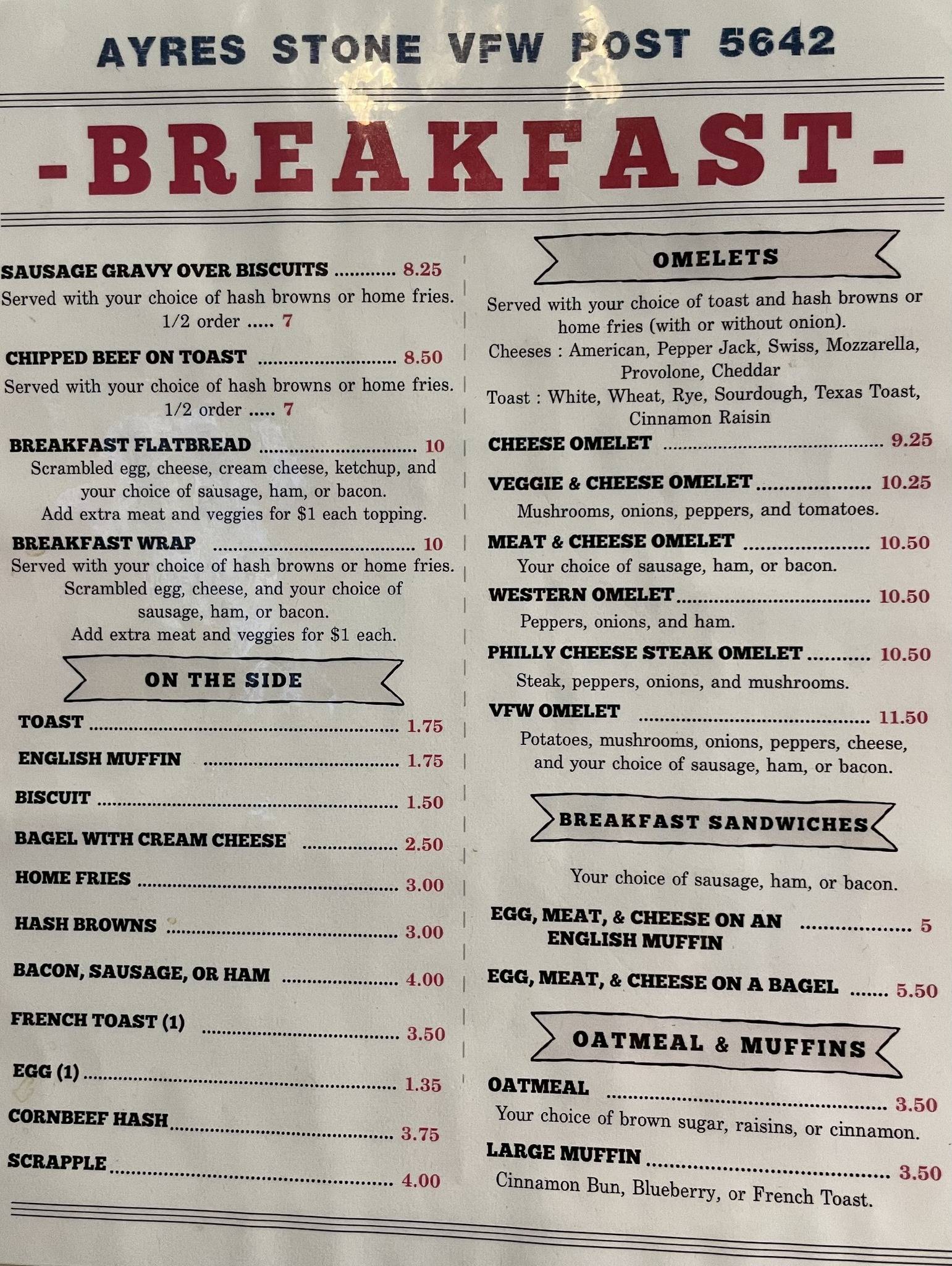 Menu at VFW Post 5642 restaurant, Montrose