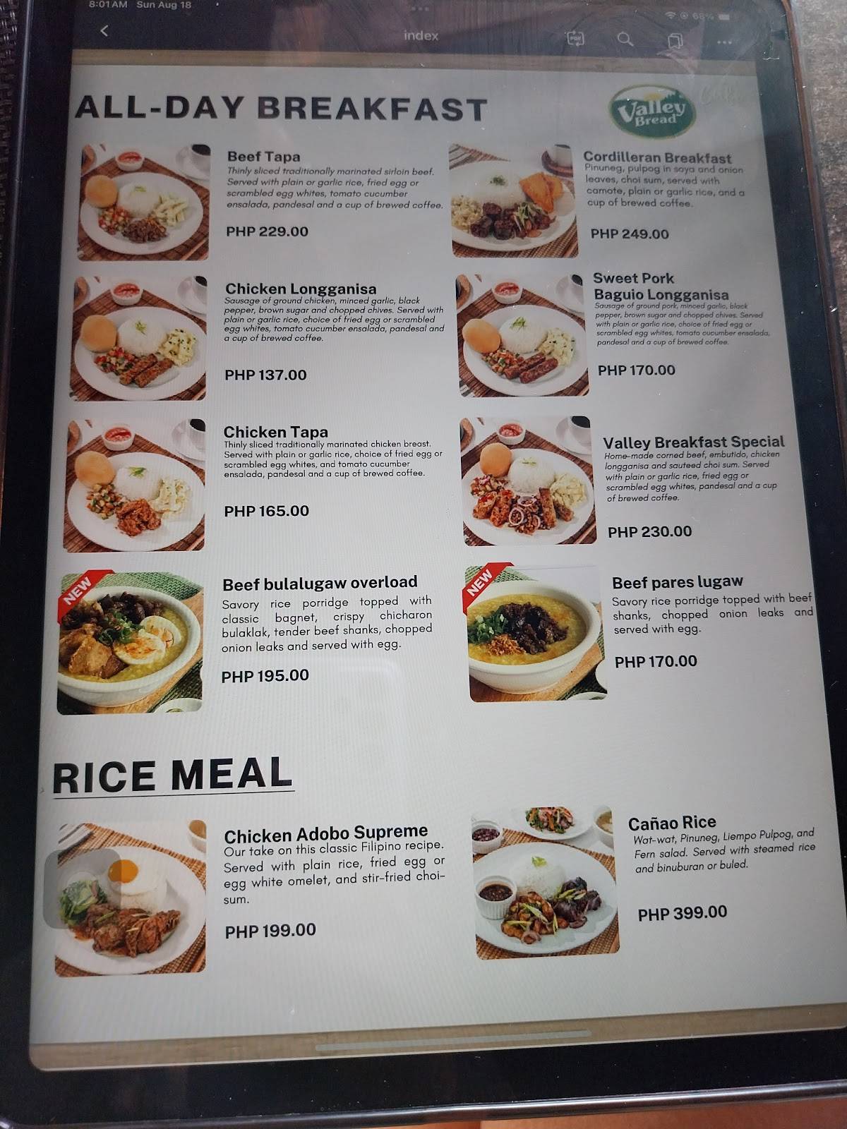 Menu at Valley Bread Cafe, Baguio