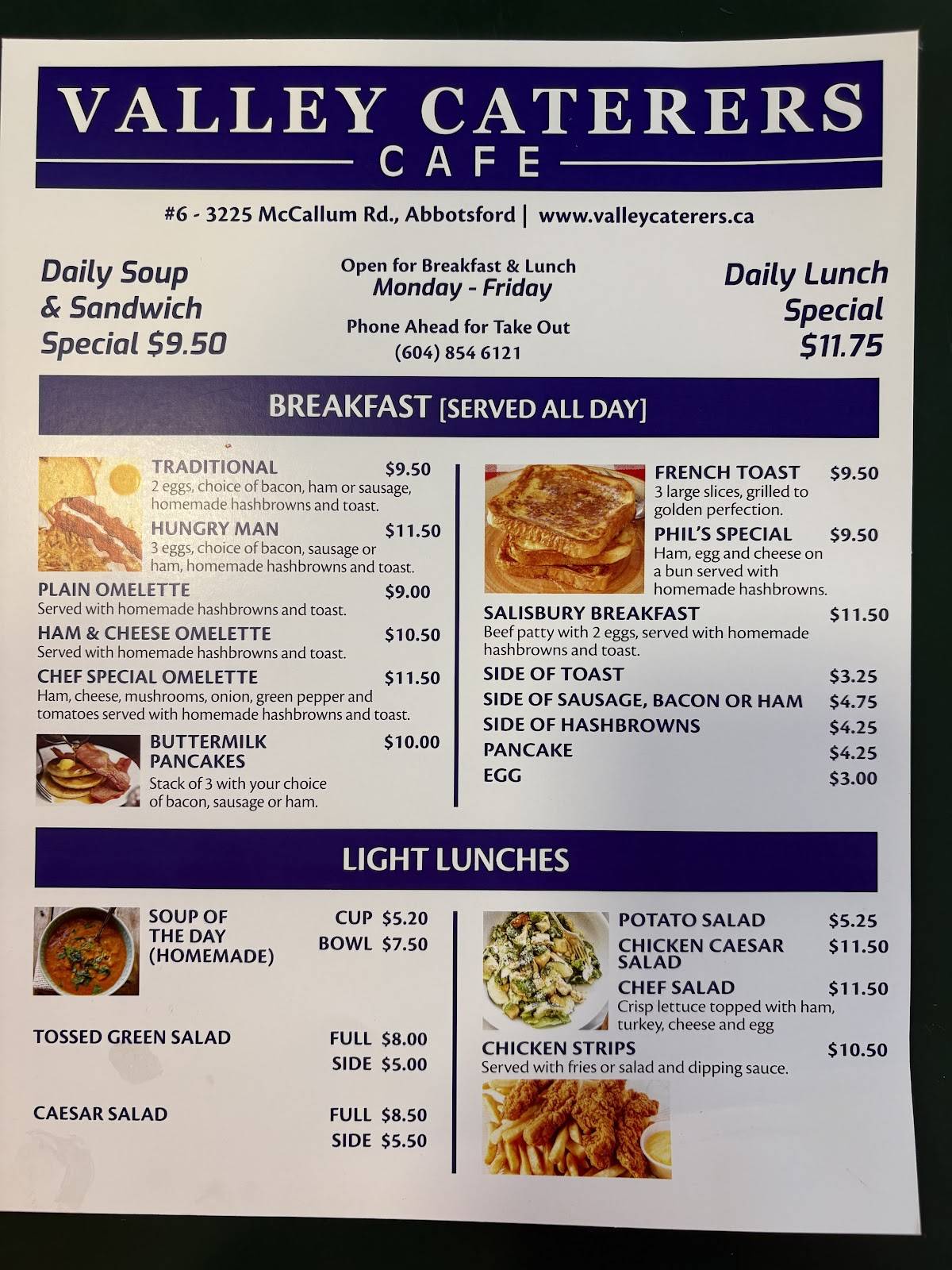 Menu at Valley Caterers restaurant, Abbotsford