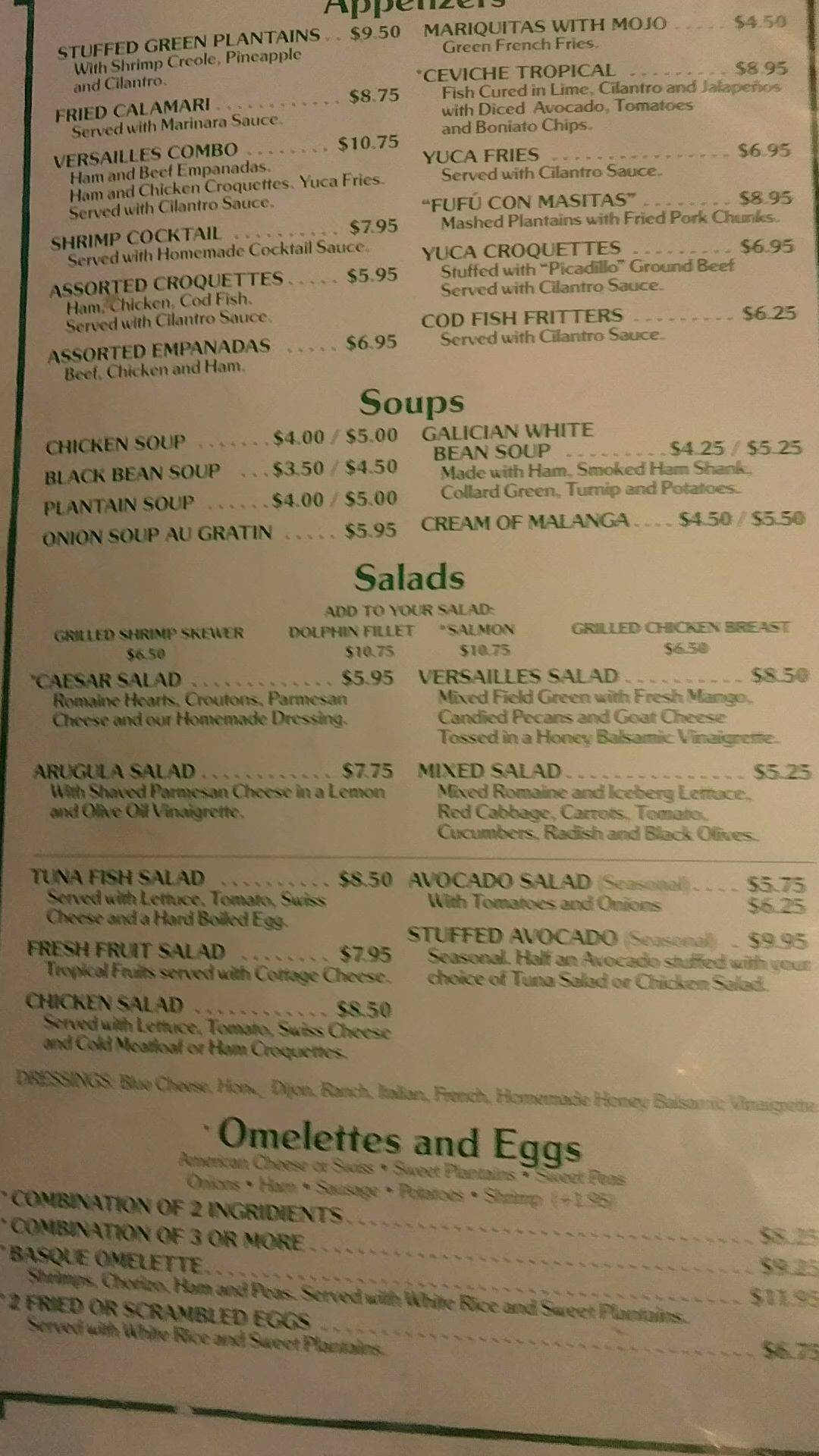 Menu at Versailles Restaurant Cuban Cuisine, Miami, SW 8th St