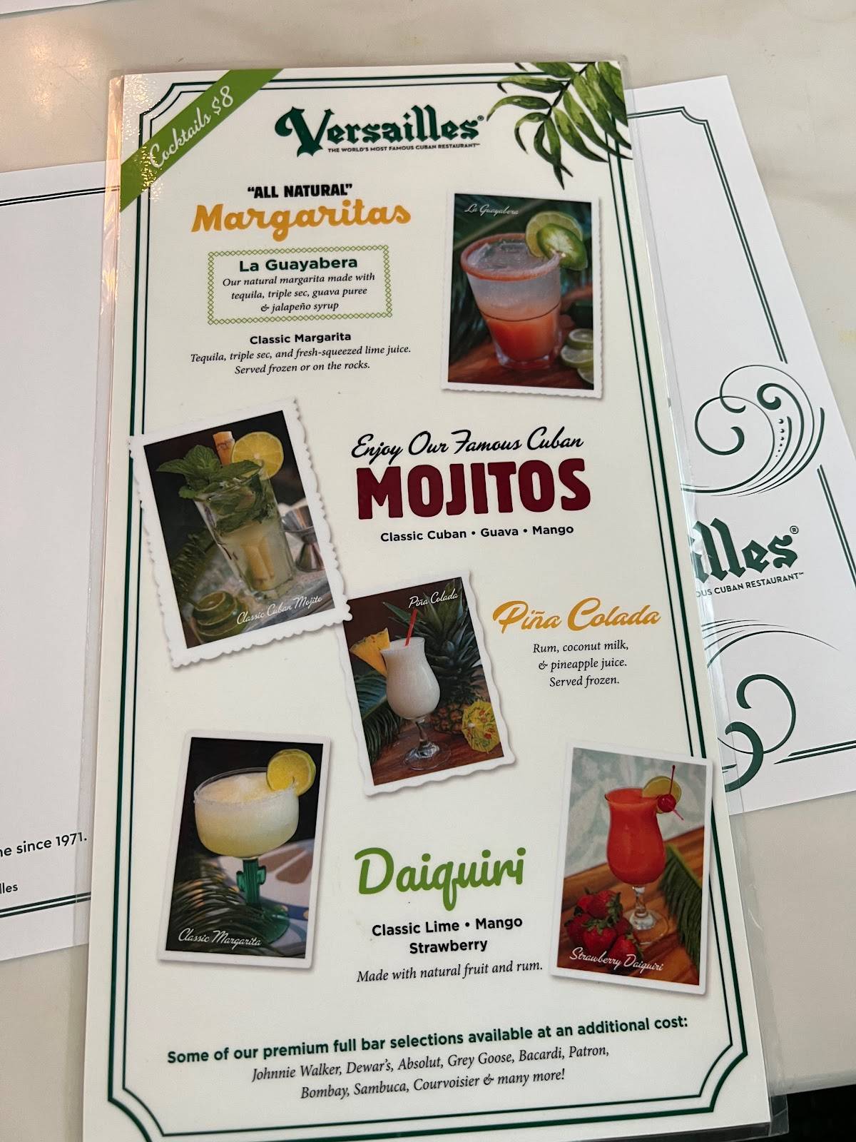 Carta de Versailles Restaurant Cuban Cuisine, Miami, SW 8th St