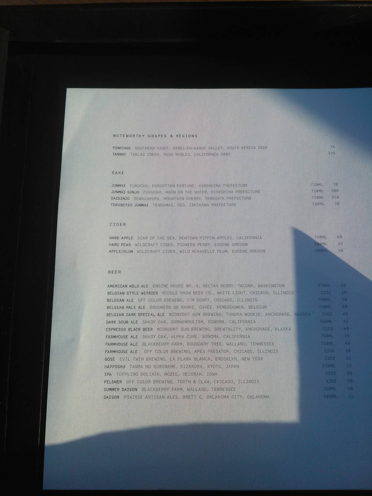 Menu at Vespertine restaurant, Culver City