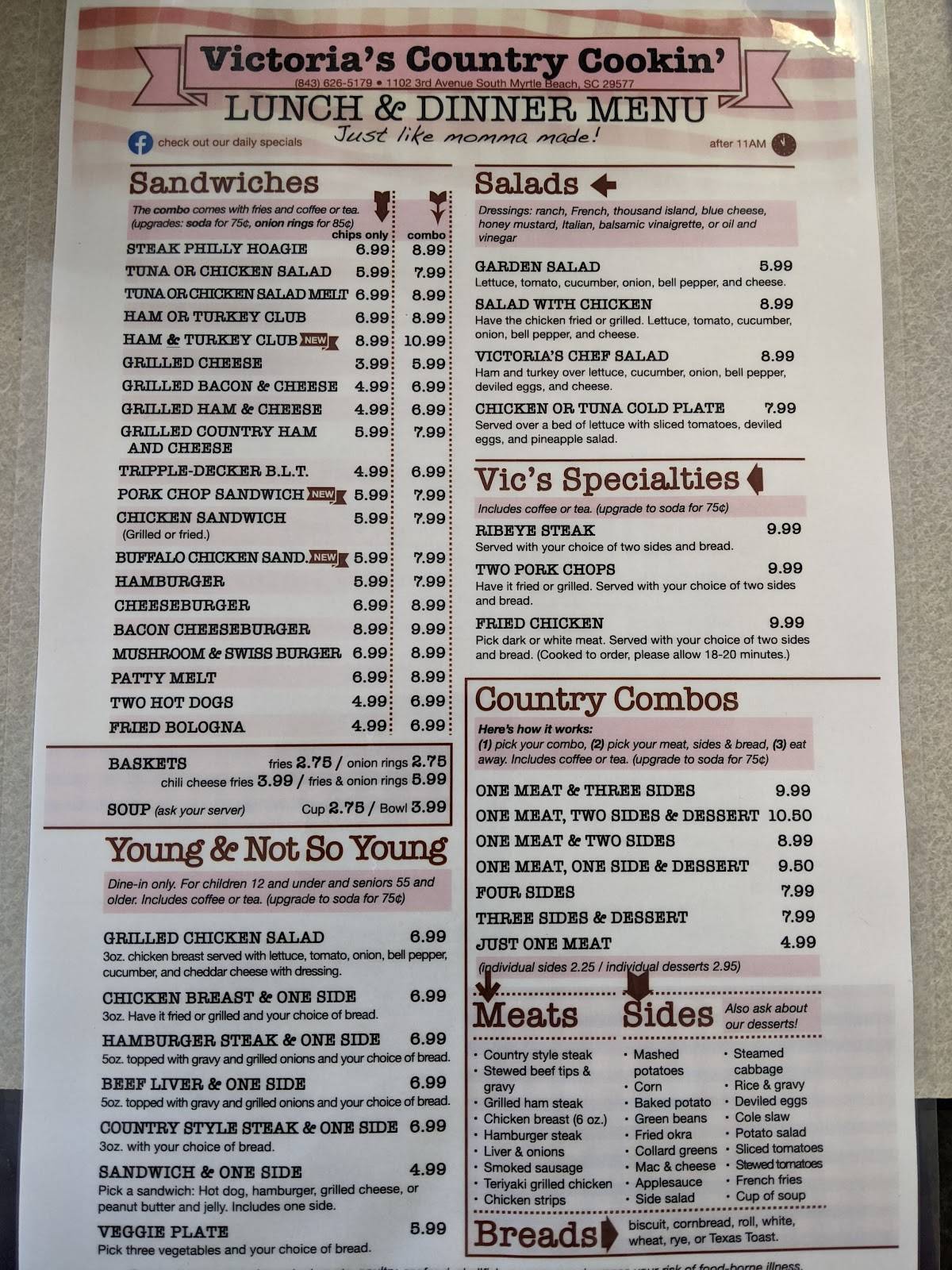 Menu at Victoria’s Country Cookin’ restaurant, Myrtle Beach