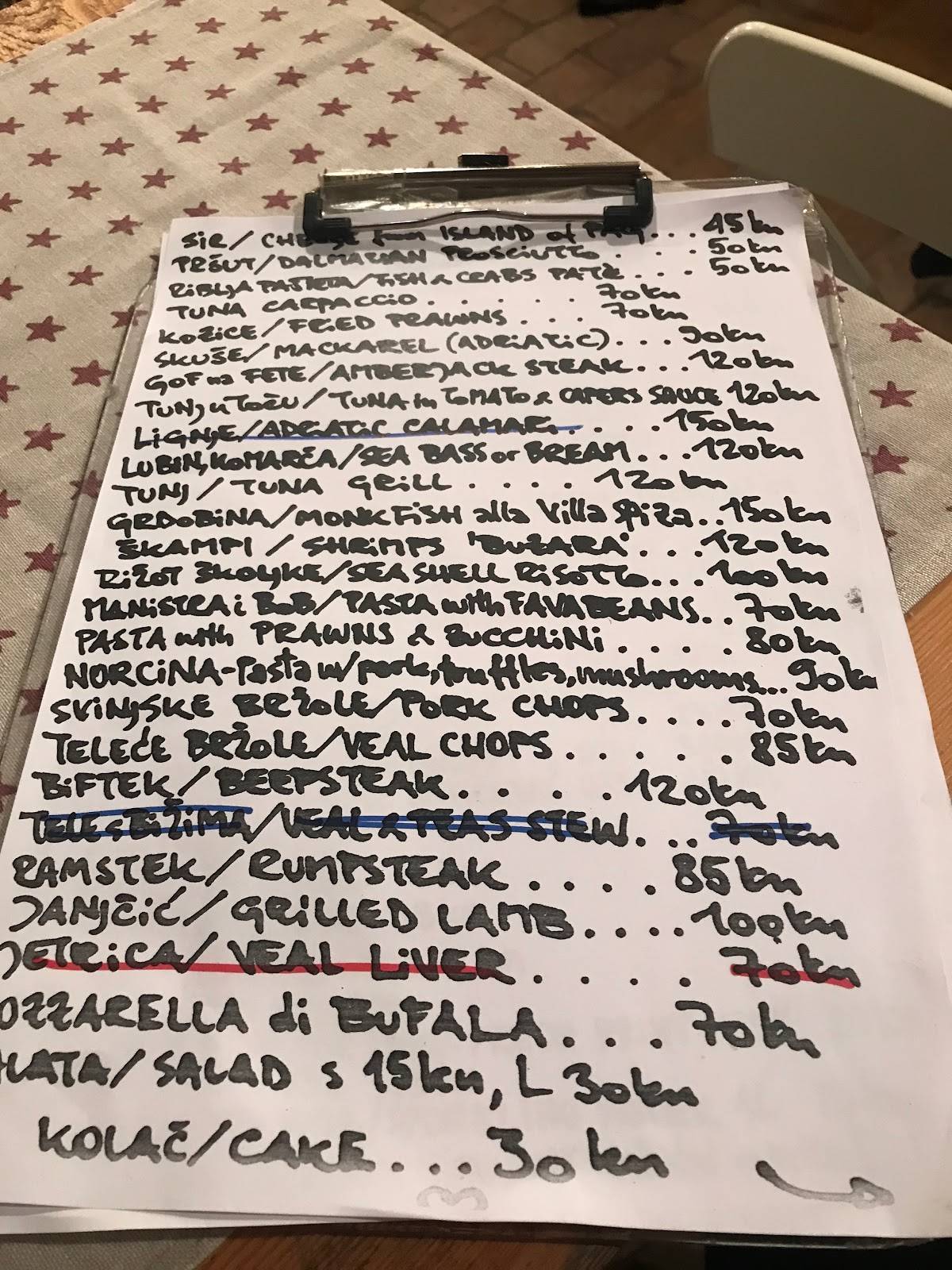 Menu at Villa Spiza restaurant, Split