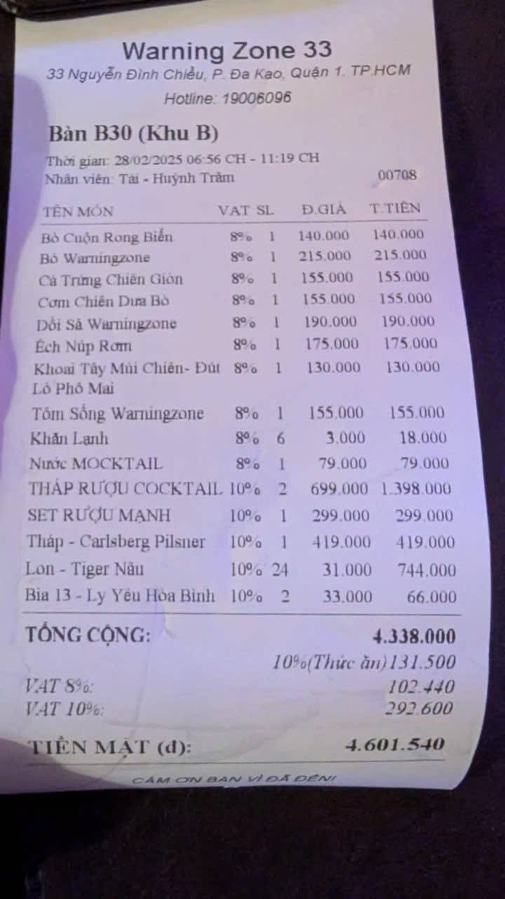Menu at Warning Zone Garden restaurant, Ho Chi Minh City