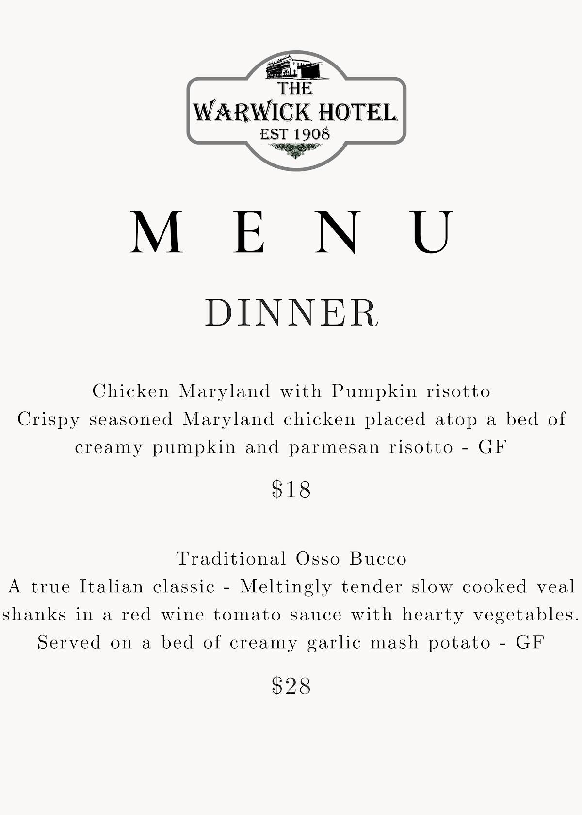 Menu at Warwick Hotel restaurant, Warwick