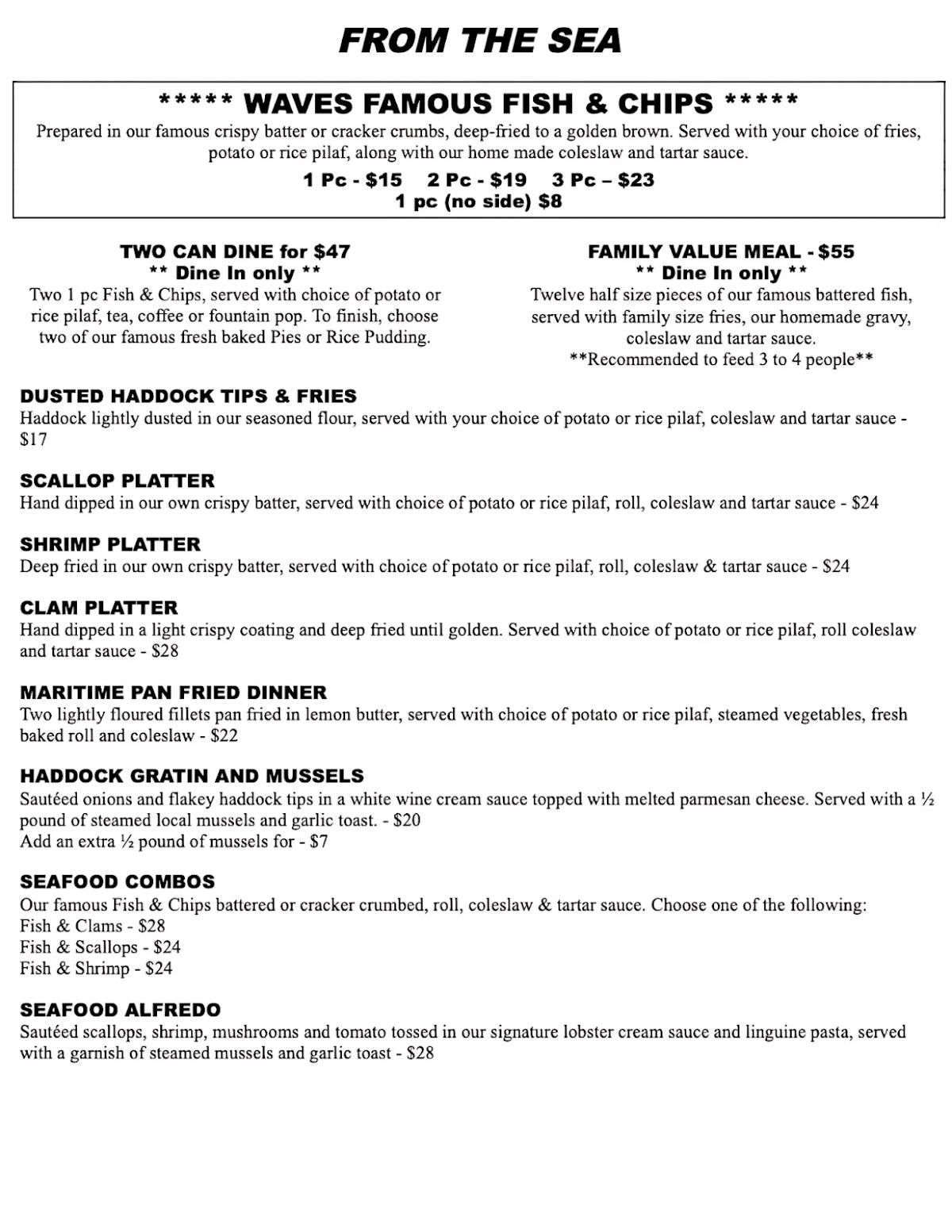 Menu at Waves Seafood & Grill restaurant, Bridgewater