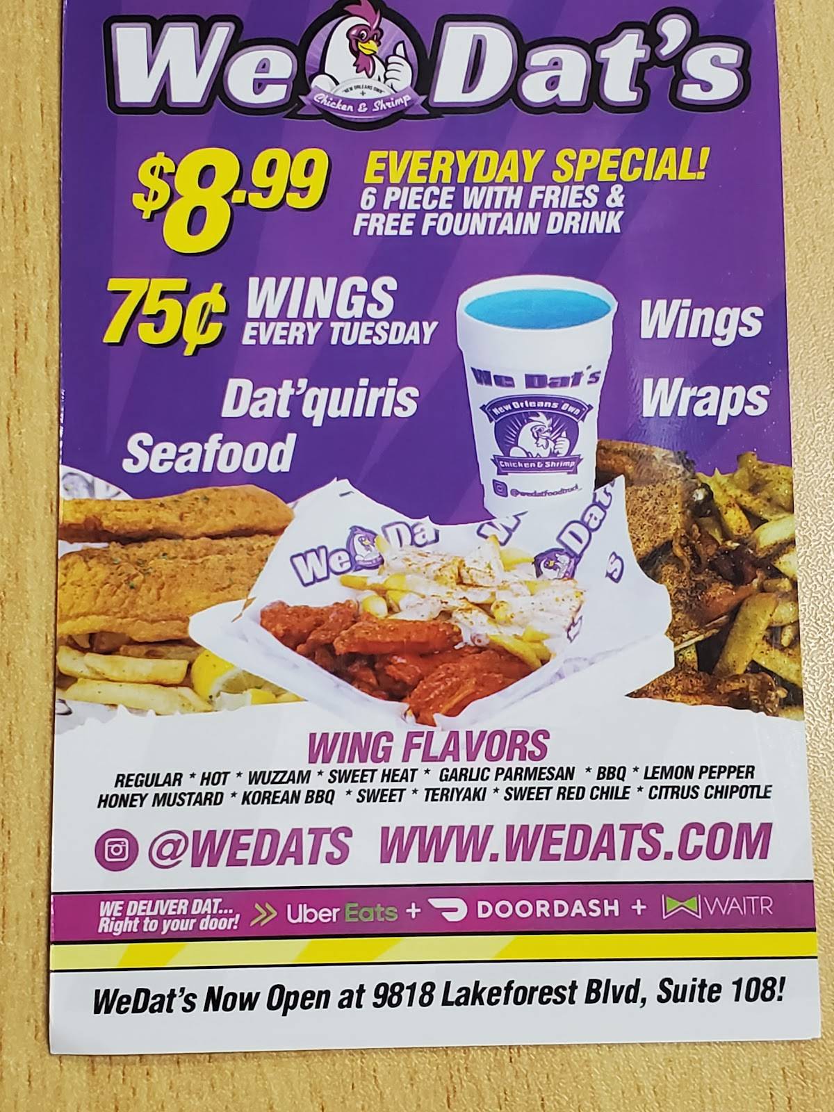 Menu at We Dat's restaurant, New Orleans, Canal St